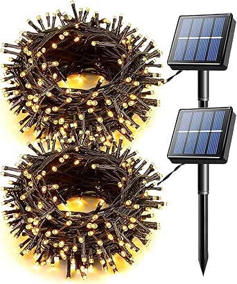 TIANG Solar String Lights,2 Pack 100 LED 33FT 8 Twinkle Modes Multicolor Solar Powered Fairy ...