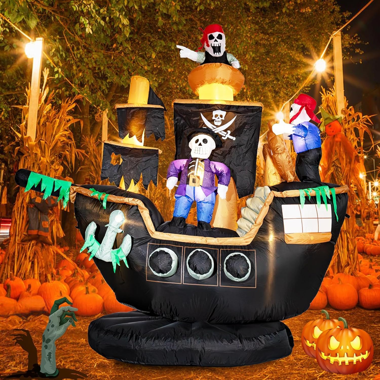 7FT Halloween Inflatable Pirate Ship with Ghost Lighted Halloween Blow ...