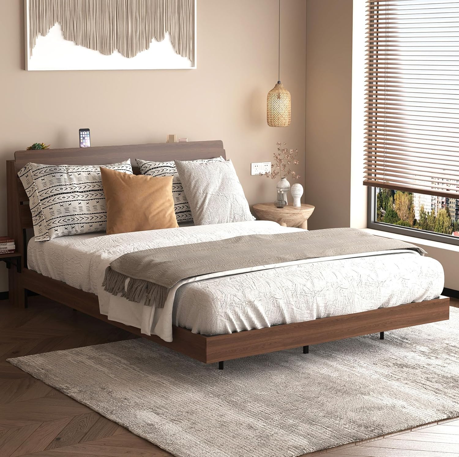 Amazon.com: Walnut Floating Bed Frame Queen with Storage Headboard ...