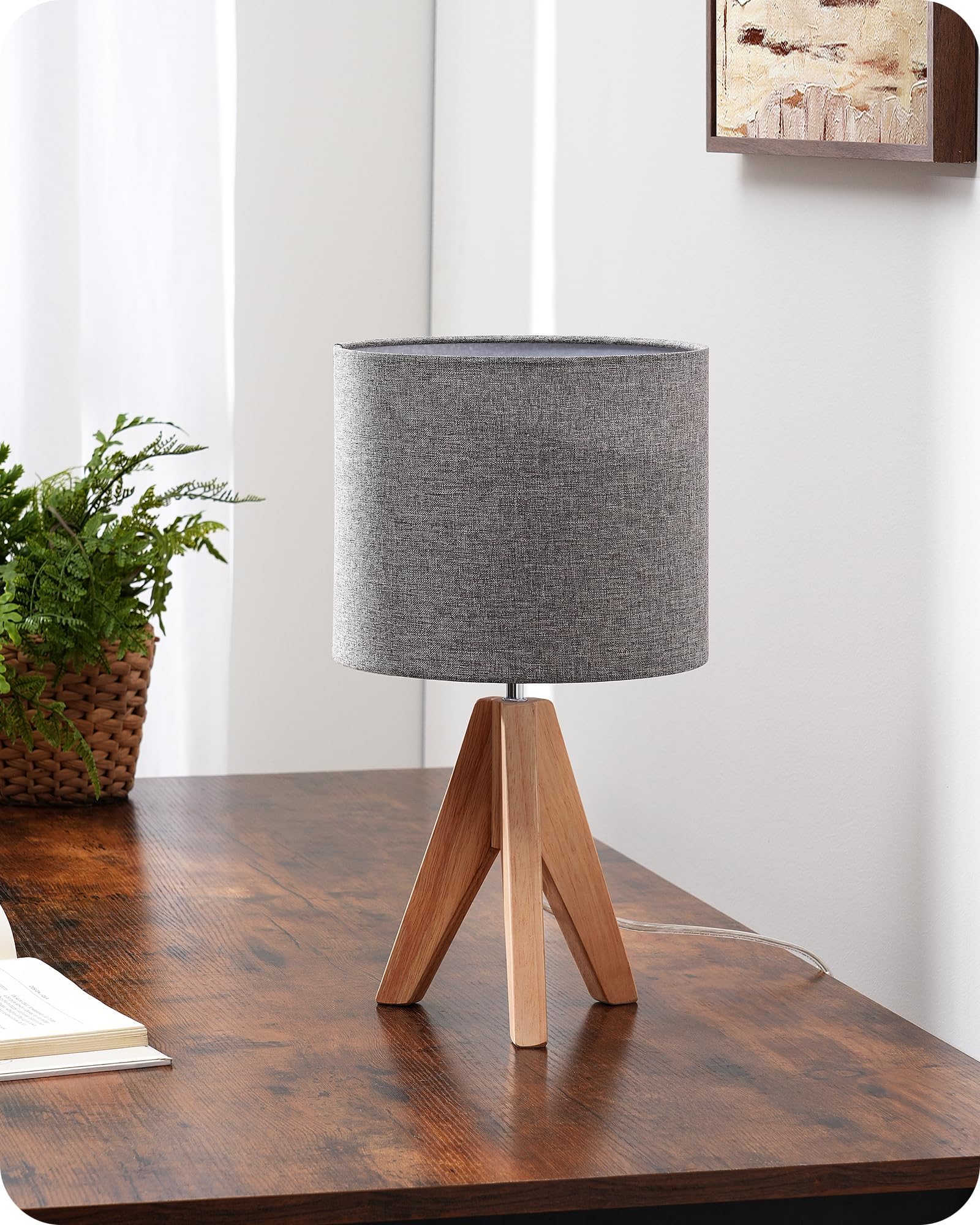 EDISHINE 36cm Wood Bedside Table Lamp, Tripod Desk Lamp with Grey Linen ...
