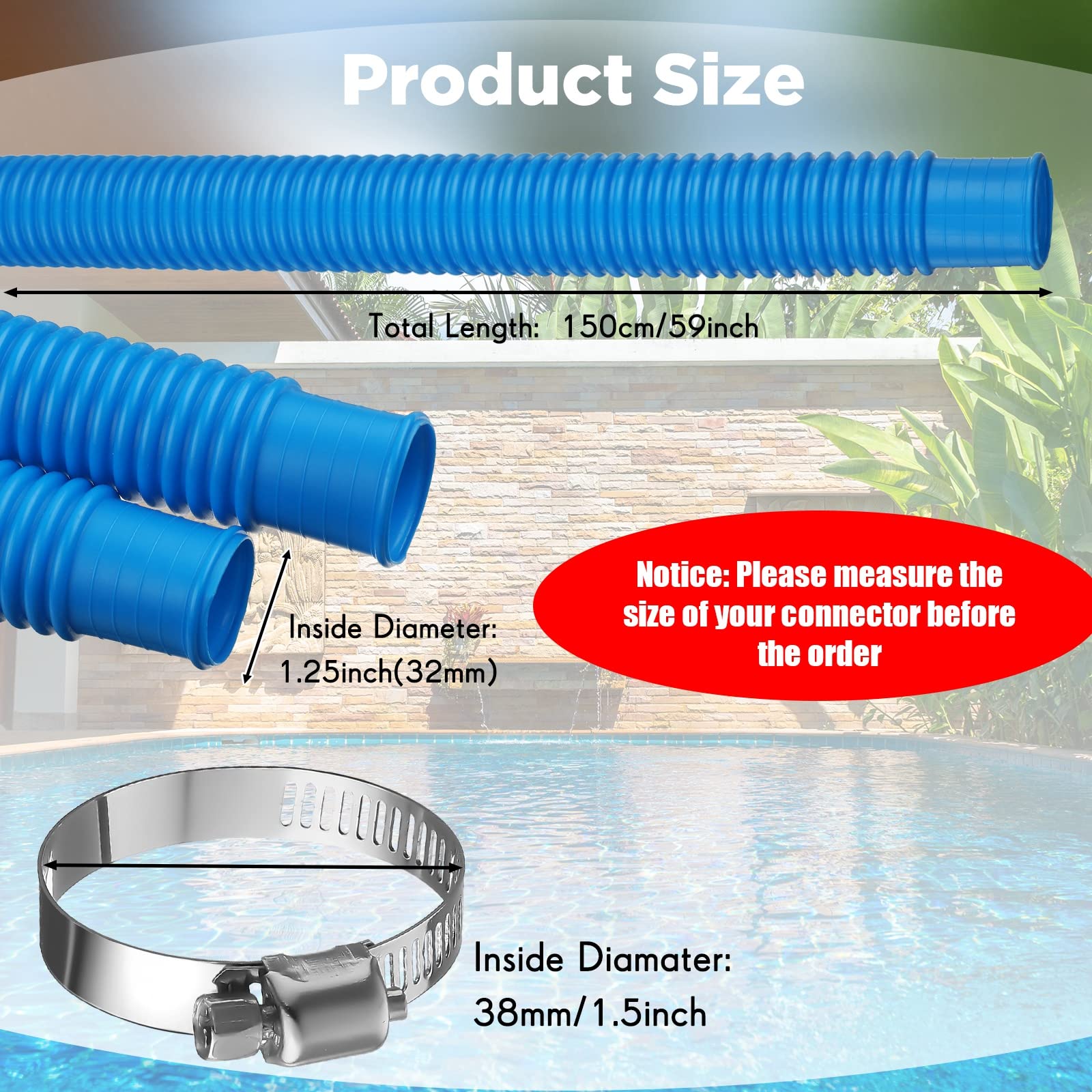 2 Pack Swimming Pool Filter Hose Replacement Kit 1.25 Inch Diameter 59 ...