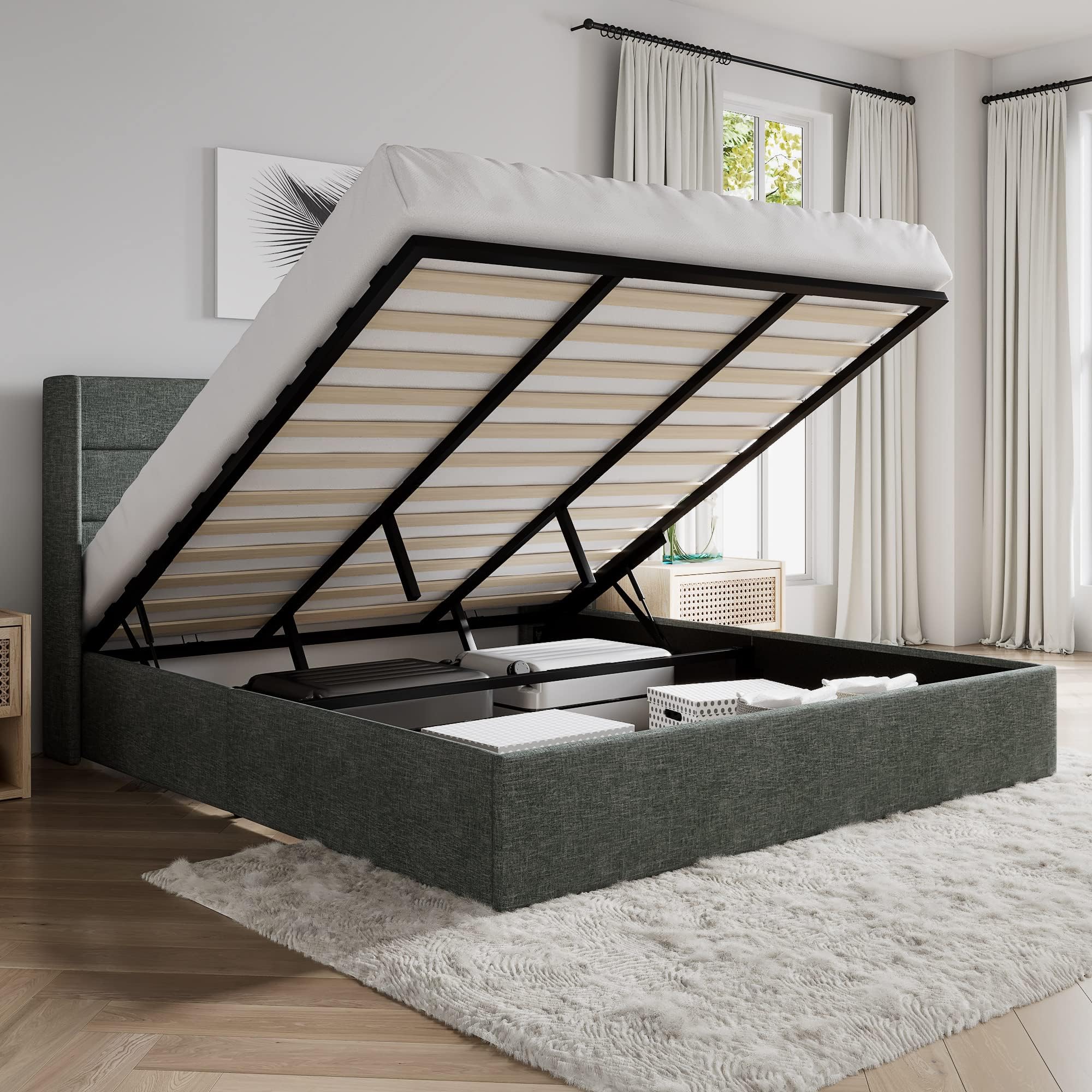 Amazon.com: SHA CERLIN Queen Size Lift Up Storage Bed/Modern Wingback ...
