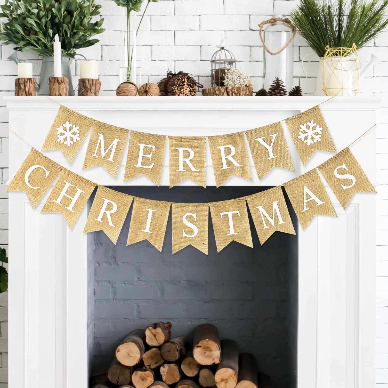 Amazon.com: Whaline Merry Christmas Banner Burlap Christmas Fireplace ...
