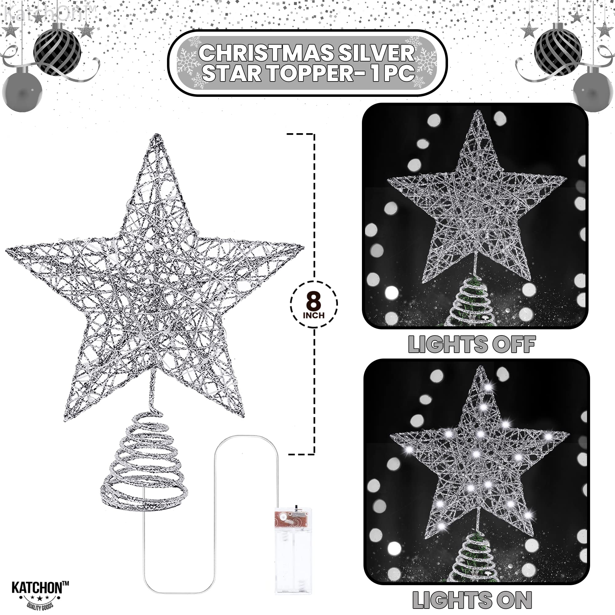 KatchOn, Silver Star Christmas Tree Topper Lighted - 8 Inch | Silver ...
