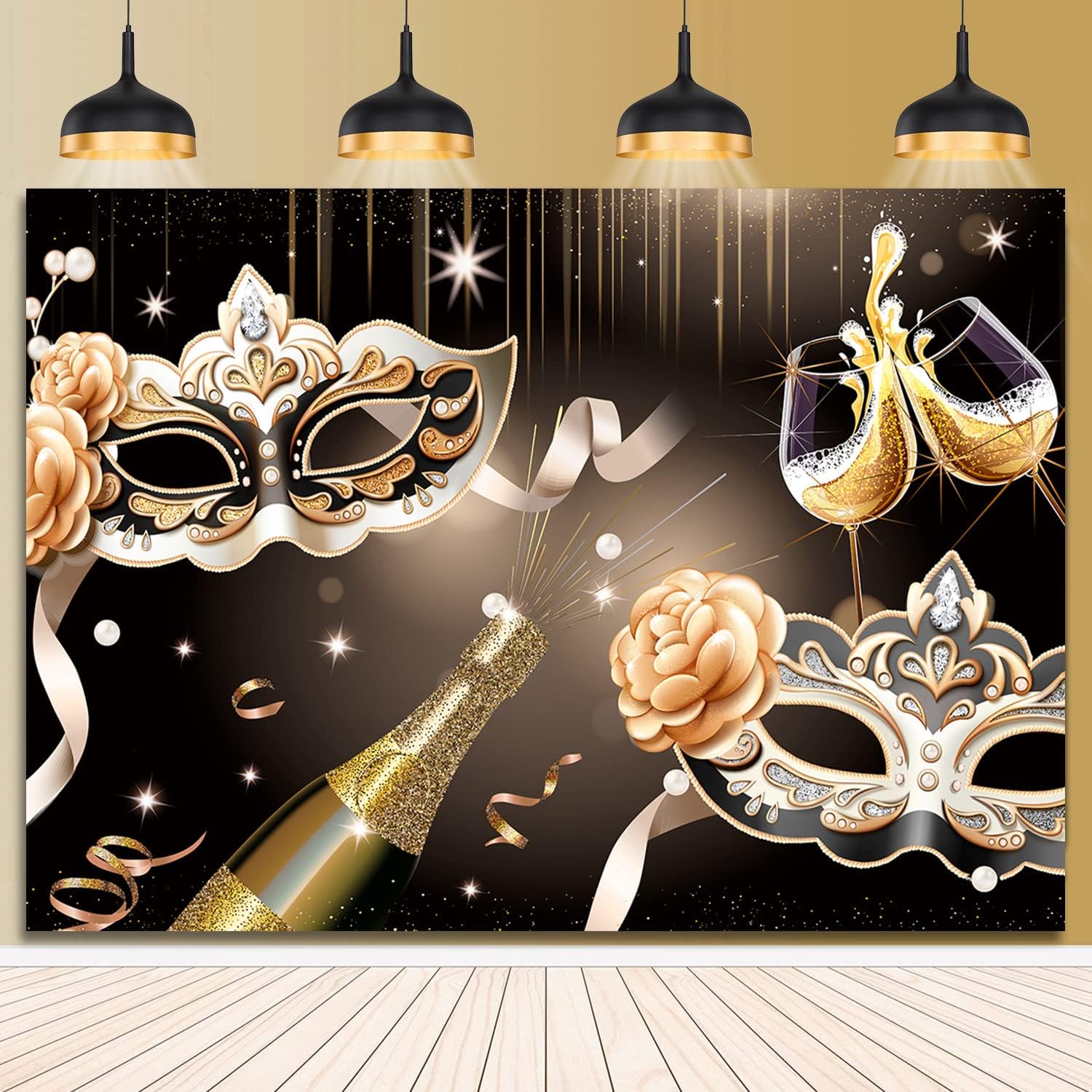 Amazon.com : Masquerade Party Backdrop 8x6FT Retro Gold Black Mask ...