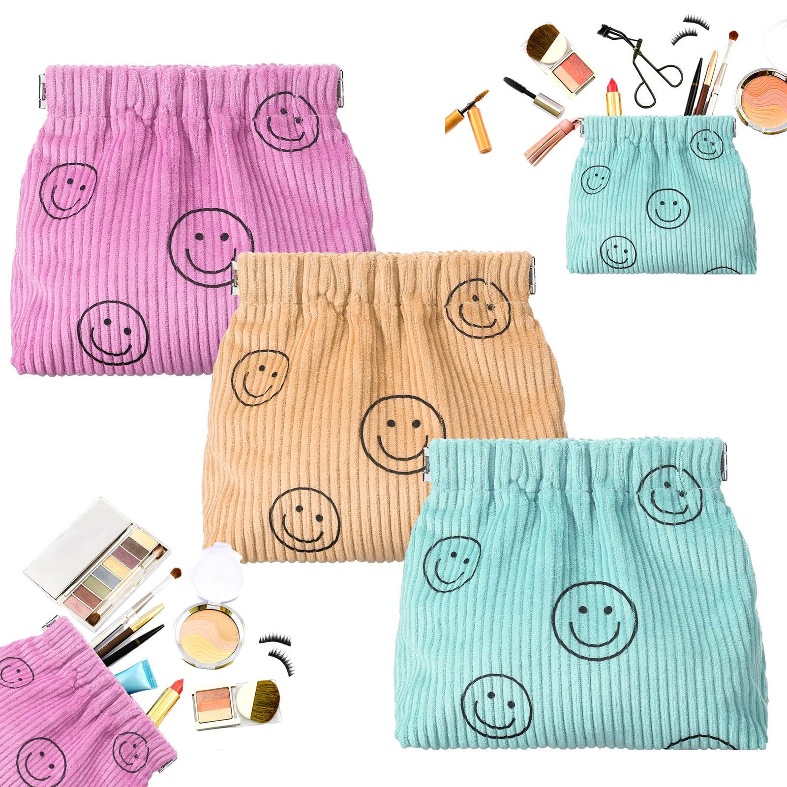 Amazon.com: Shinylin 3 Pcs Preppy Corduroy Elastic Cosmetic Bag Smile ...