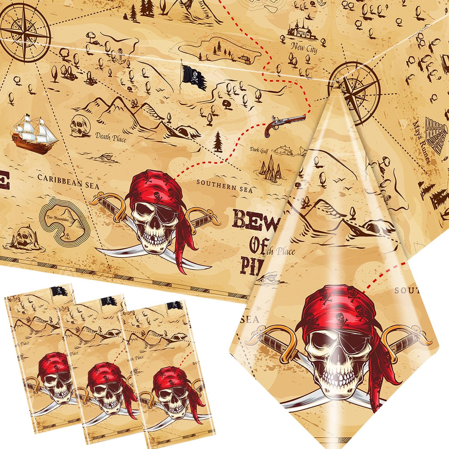 Amazon.com: HAKOTI 3Pcs Pirate Tablecloth - Treasure Map Table Cover ...