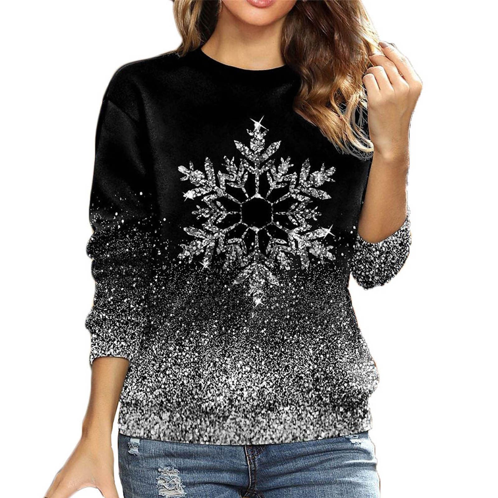 wuitopue Women's Snowflake Sweatshirts Shimmer Glitter Sequin Graphic ...