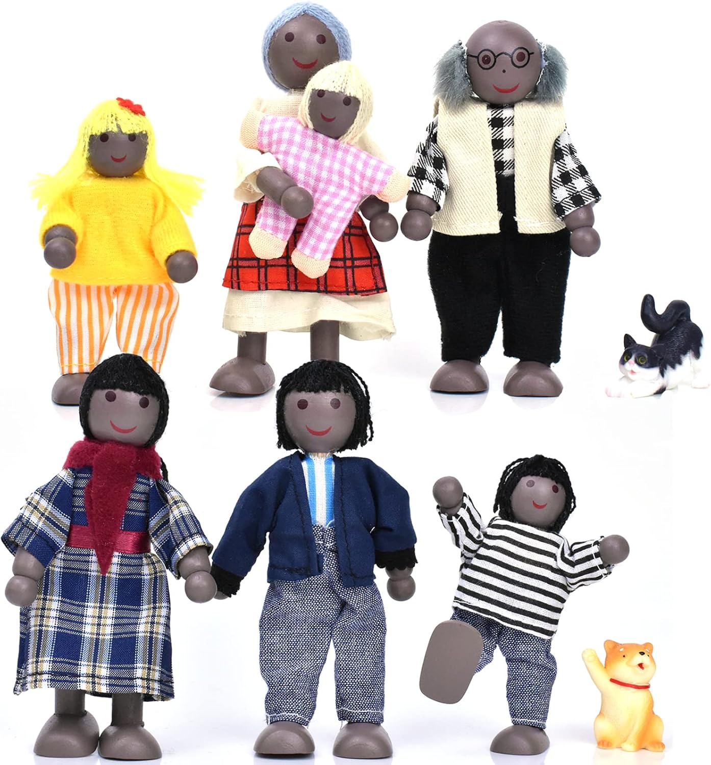 Dolls House People of 7 Wooden Figure Set and 2 Pets, Cute little ...