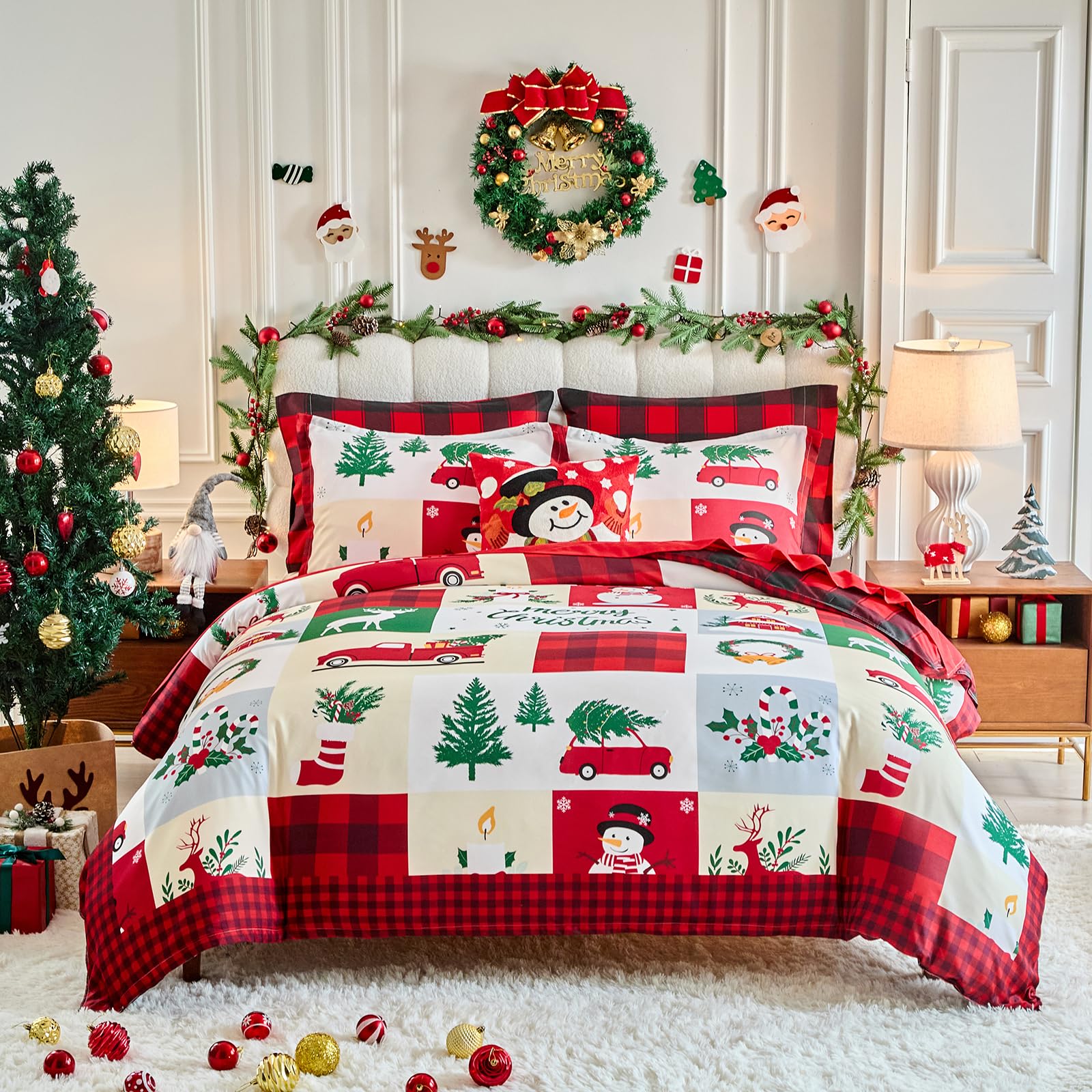 Amazon.com: Christmas Duvet Cover Set King Size 3 Pieces Red Black ...