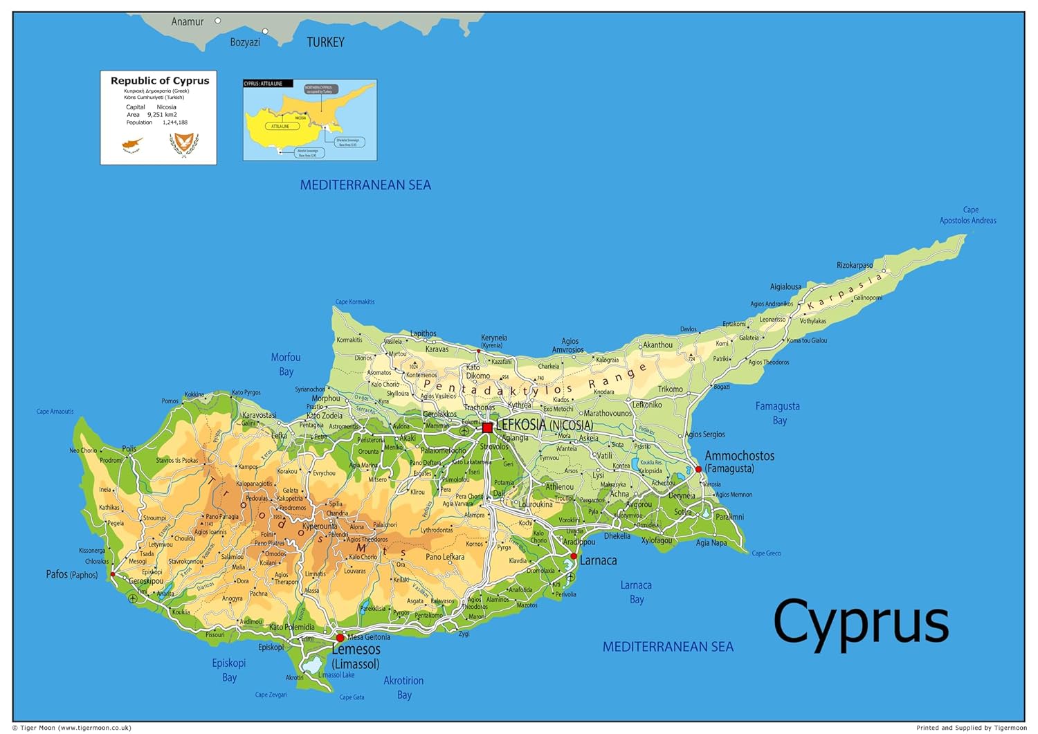 Physical Map of Cyprus - The Oxford Collection - Size A2 - Paper ...