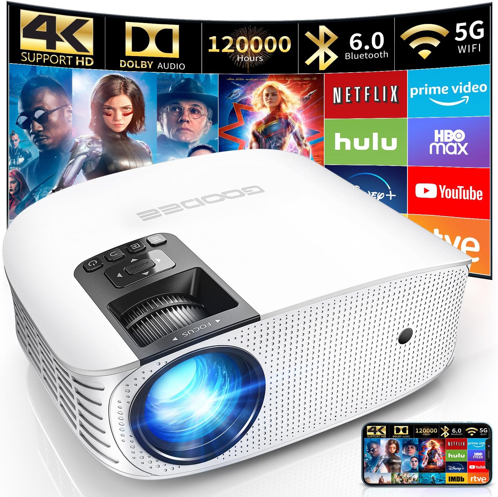 Projector, GooDee 5G WiFi Bluetooth Projector 4K Support, Native 1080P ...