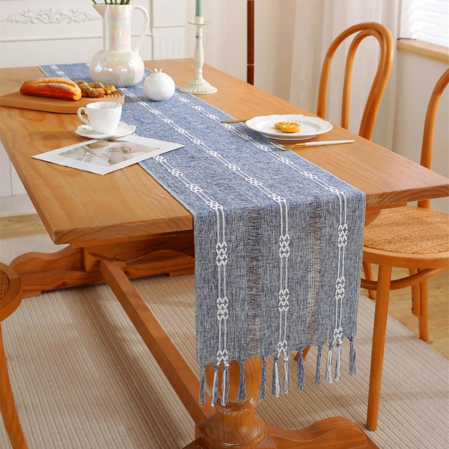 Amazon.com: Waindark Boho Macrame Dusty Navy Blue Table Runner, Burlap ...