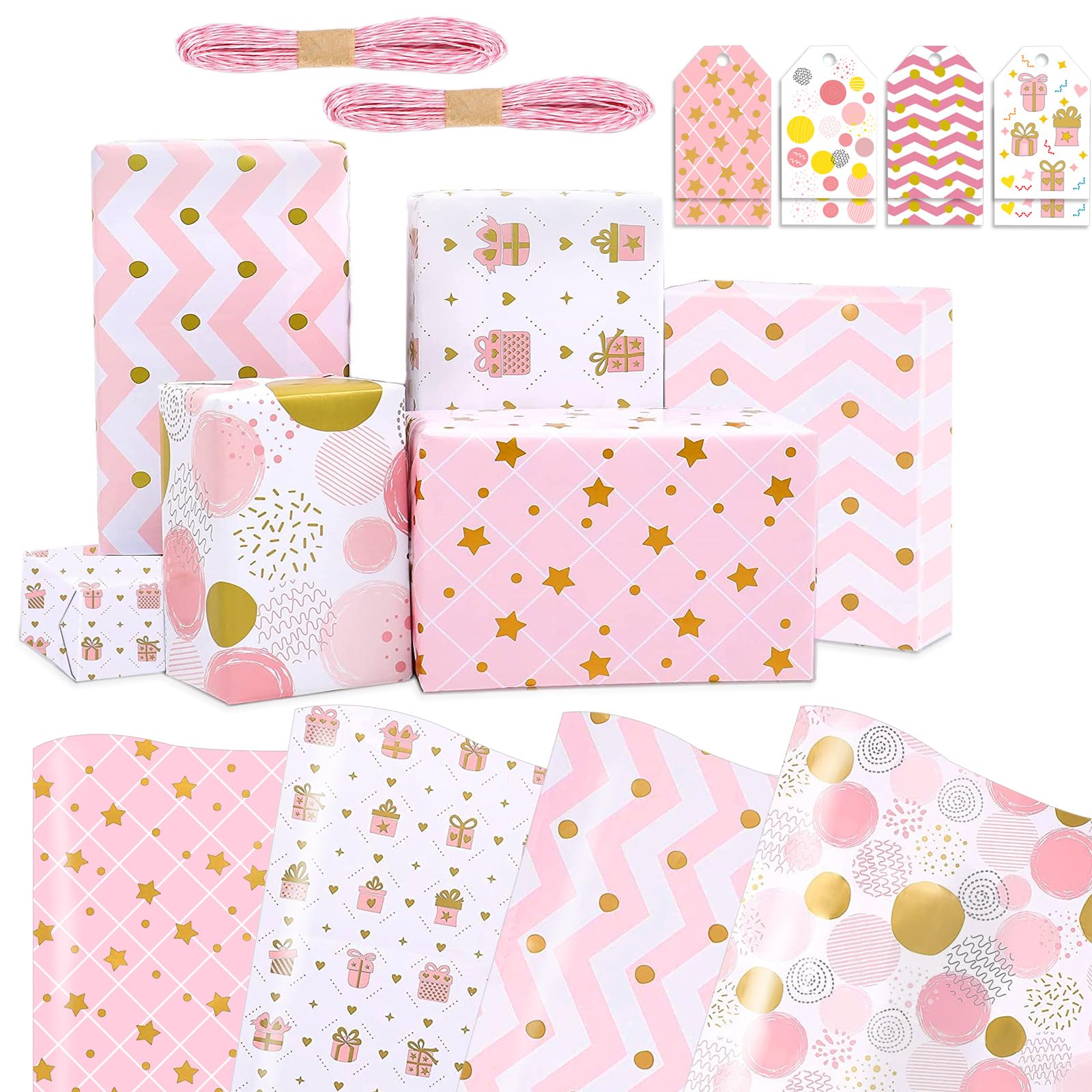 Jatidne 12 Sheets Pink Wrapping Paper with Matching Tags Girls Wrapping ...