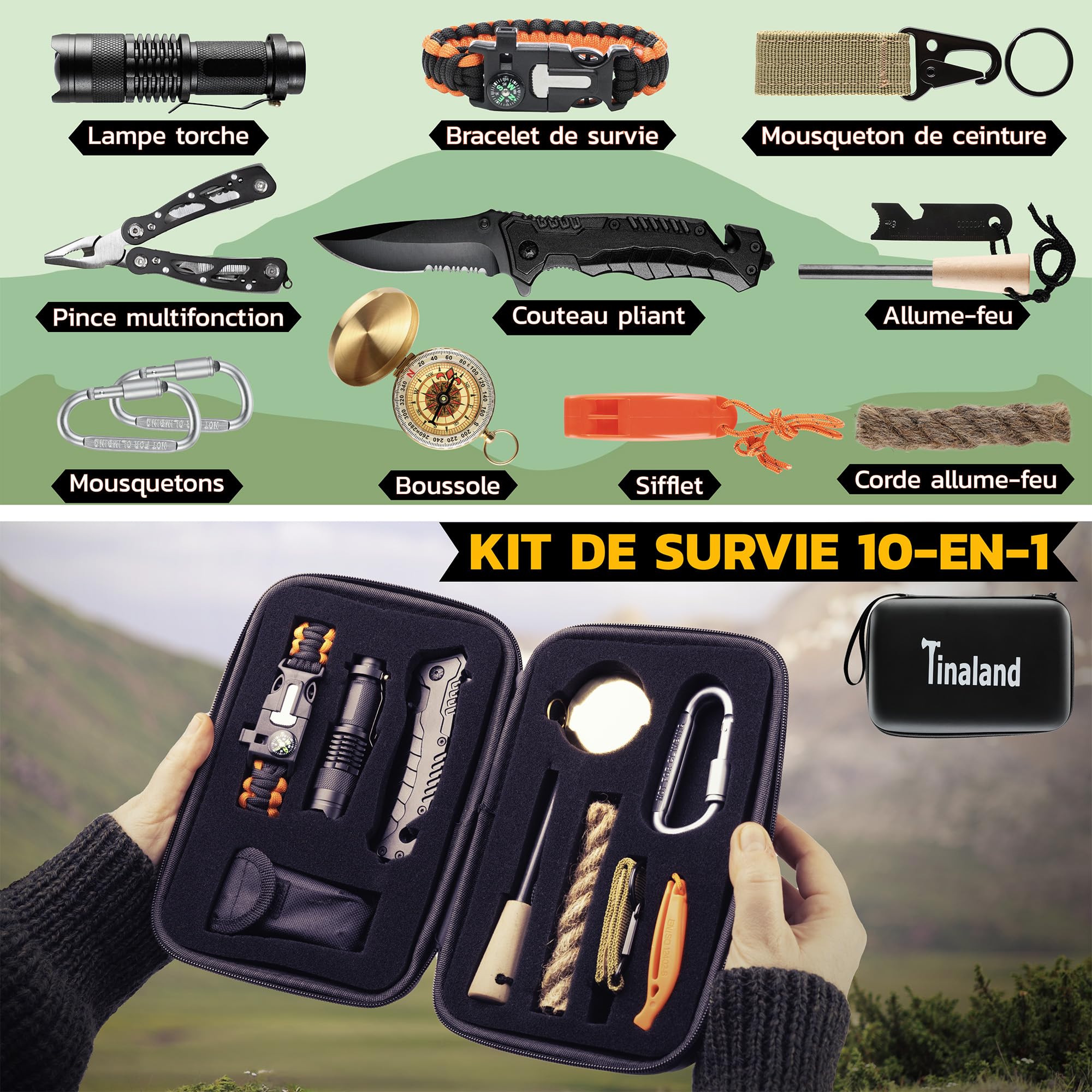 Kit Survie Allume Feu Acier Sifflet Boussole Scie Plein Air Kit Survie ...