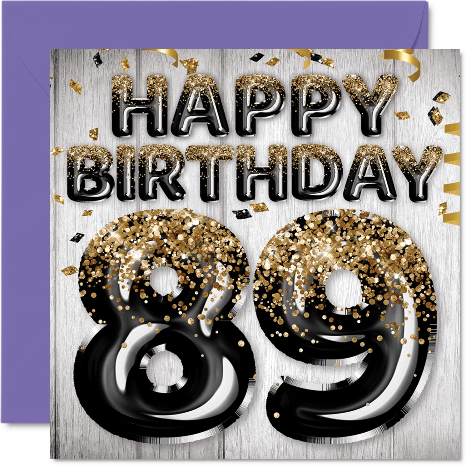 89th Birthday Card for Men - Black & Gold Glitter Balloons - Happy ...