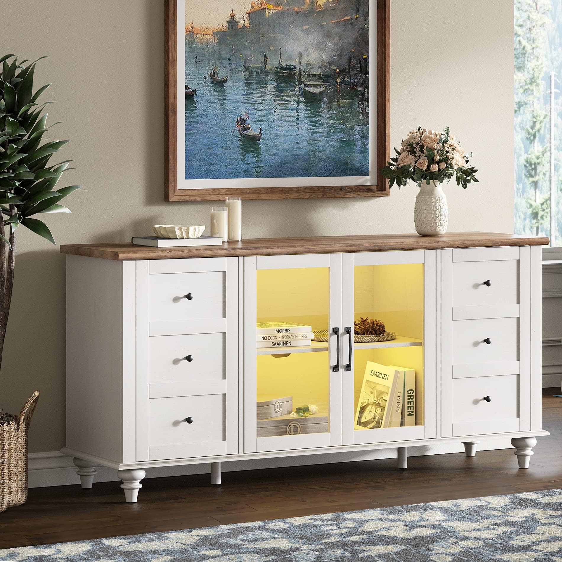 Amazon.com - WAMPAT 58" Coffee Bar Cabinet with Glass Doors Farmhouse ...