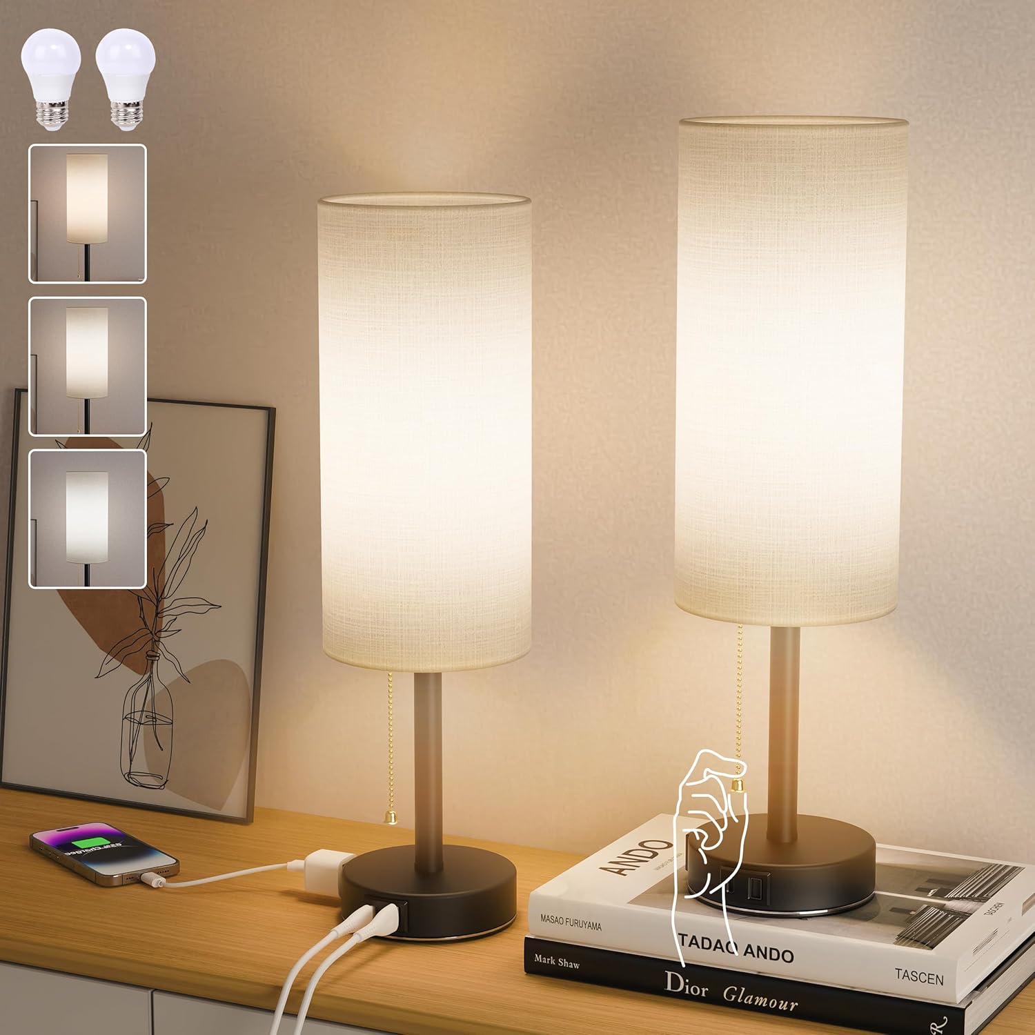 ONYXA 20” Black Bedside Lamps Set of 2 with AC Outlet, USB A & C ...