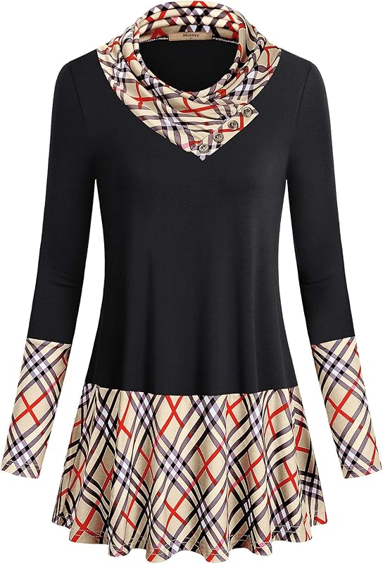 Miusey Women's Long Sleeve Cowl Neck Form Fitting Casual Tunic Top Blouse