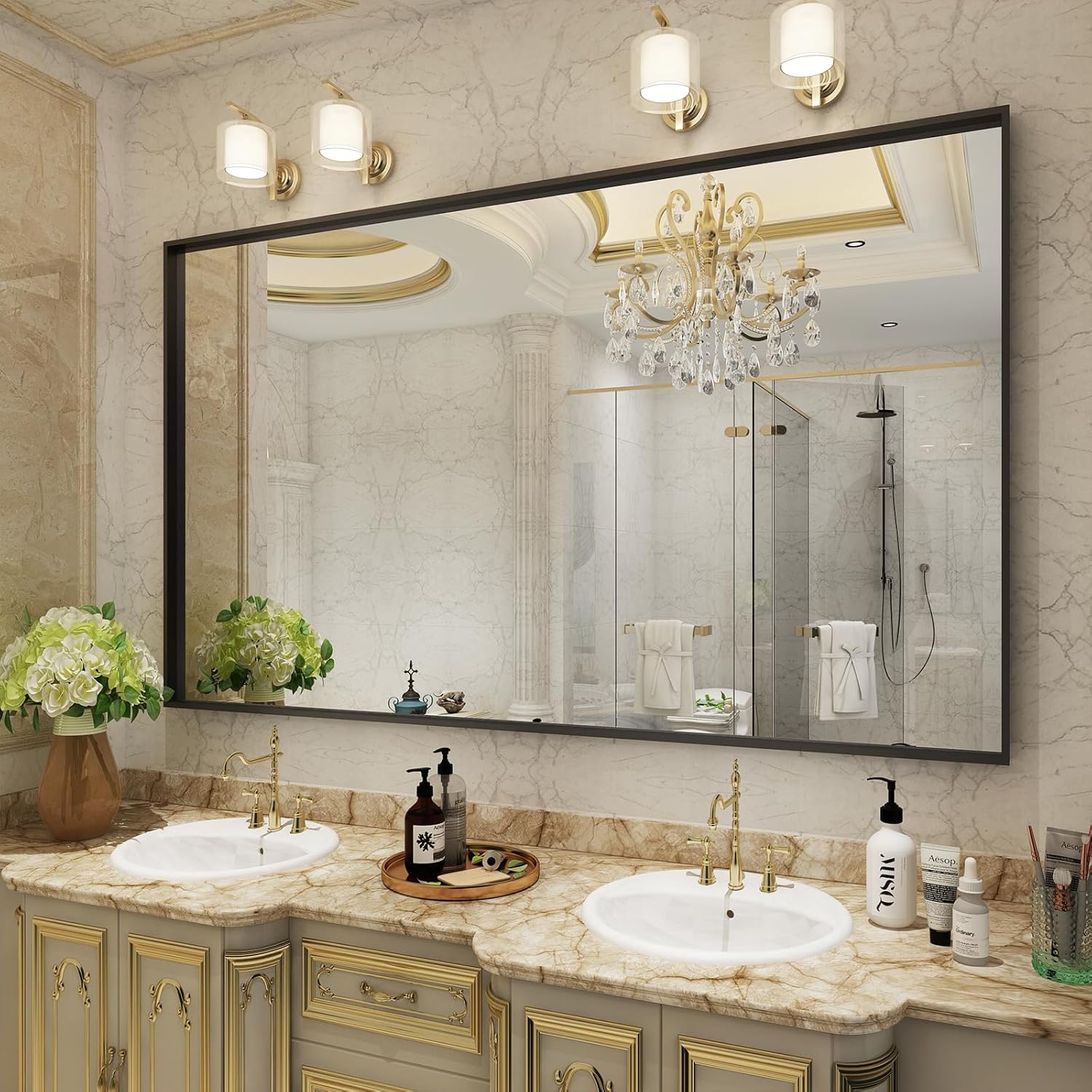 Amazon.com: LUSABE 60x36 Inch Black Bathroom Mirror, Metal Framed ...