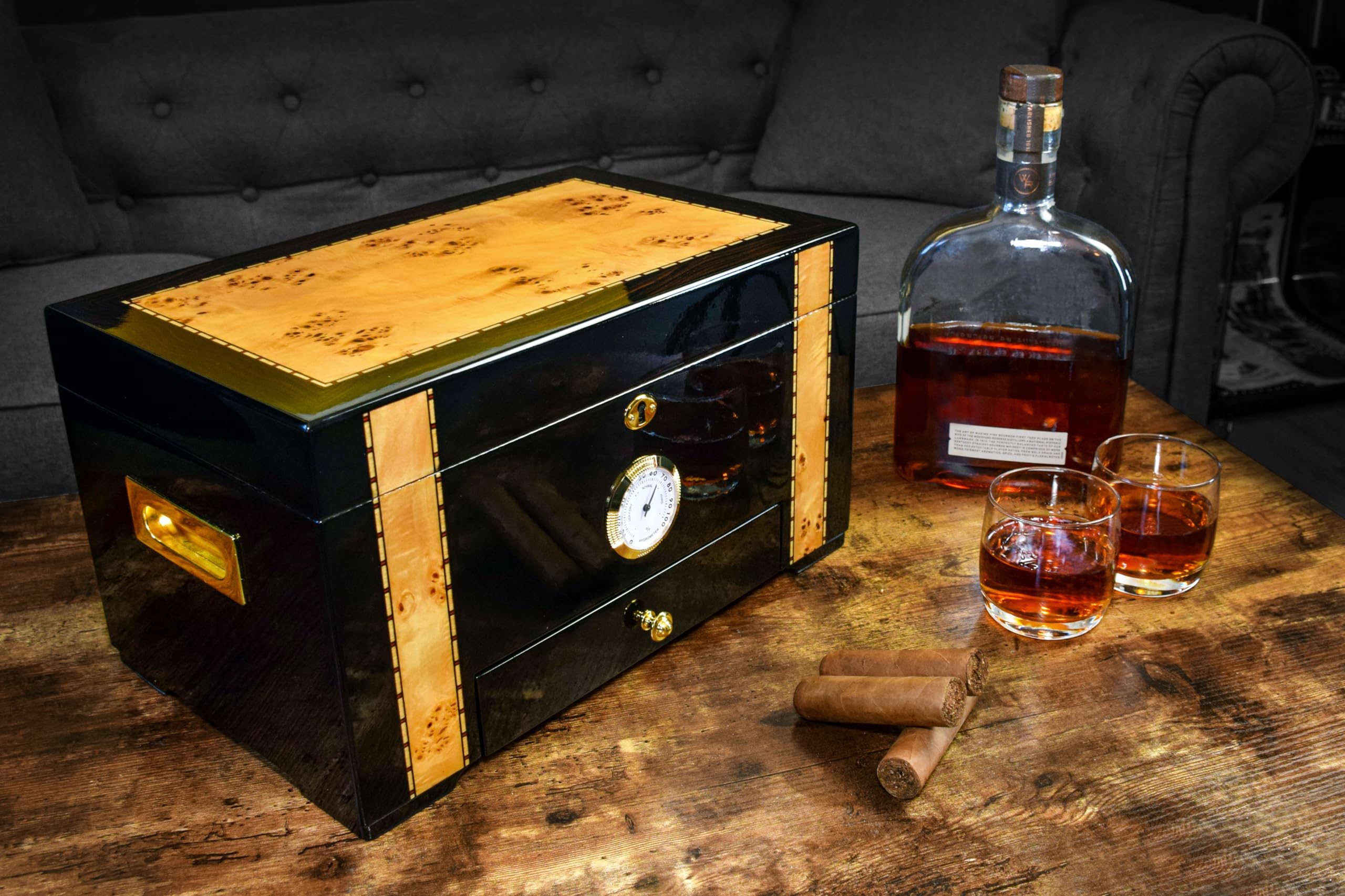 69Bourbons Exotic Cigar Humidor - Large Ebony Wood Storage Box with ...