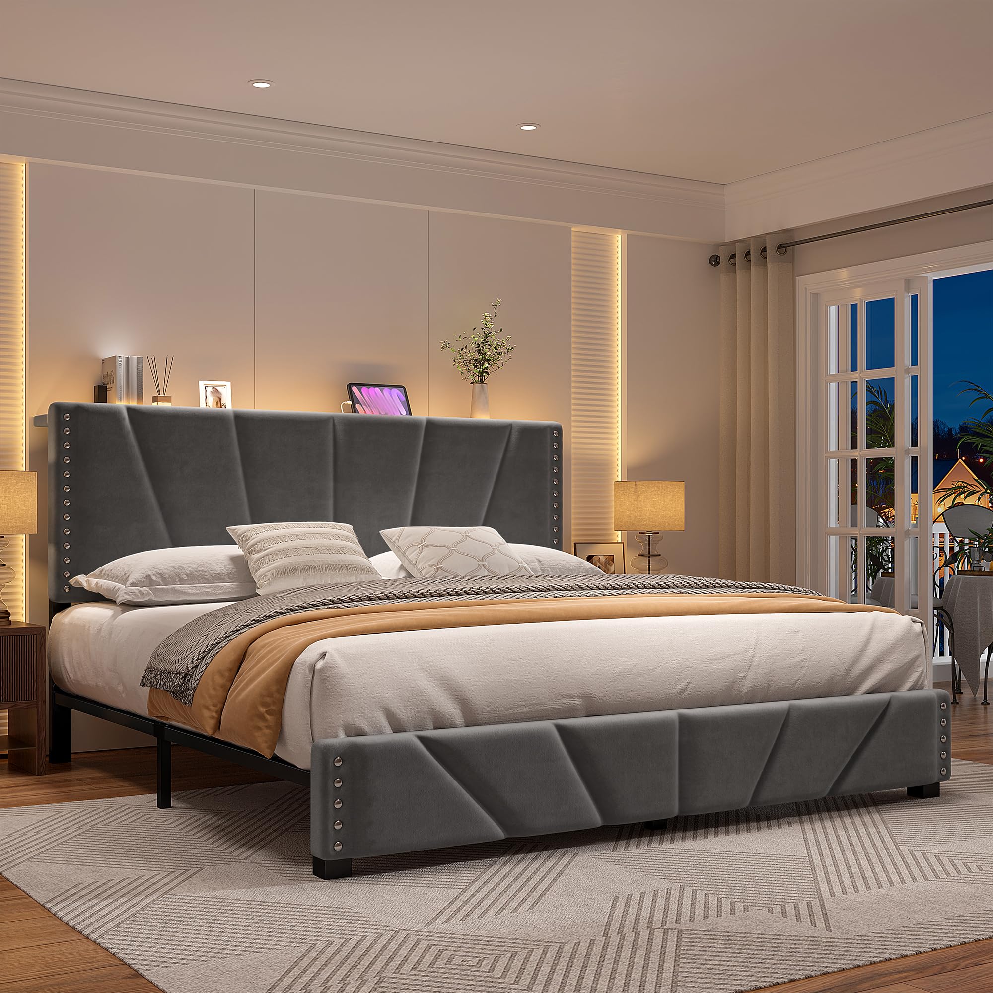 Amazon.com: EnHomee King Size Bed Frame with Velvet Headboard, Storage ...