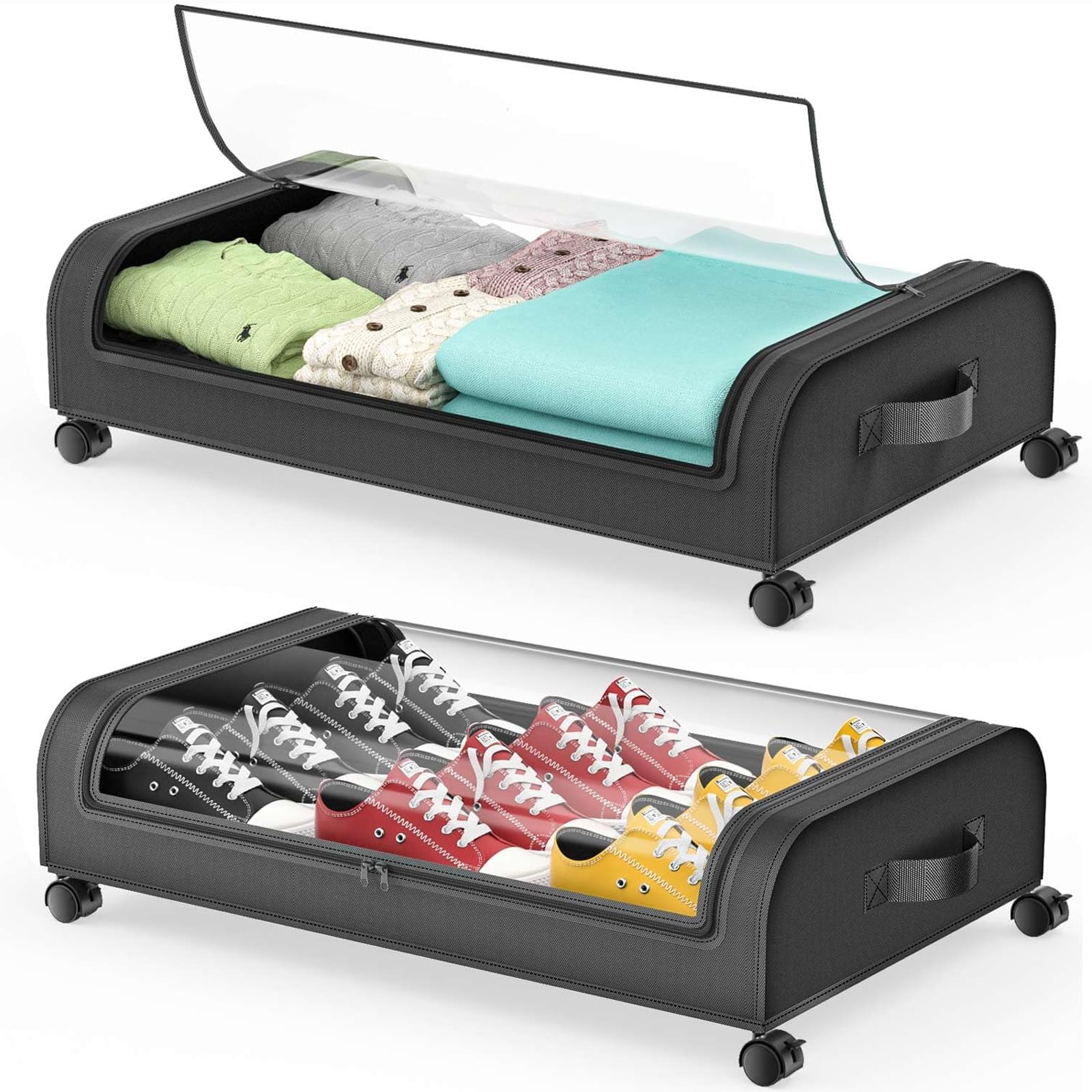 Under Bed Storage with Wheels,2 Pack Large Capacity Under Bed Organizer ...