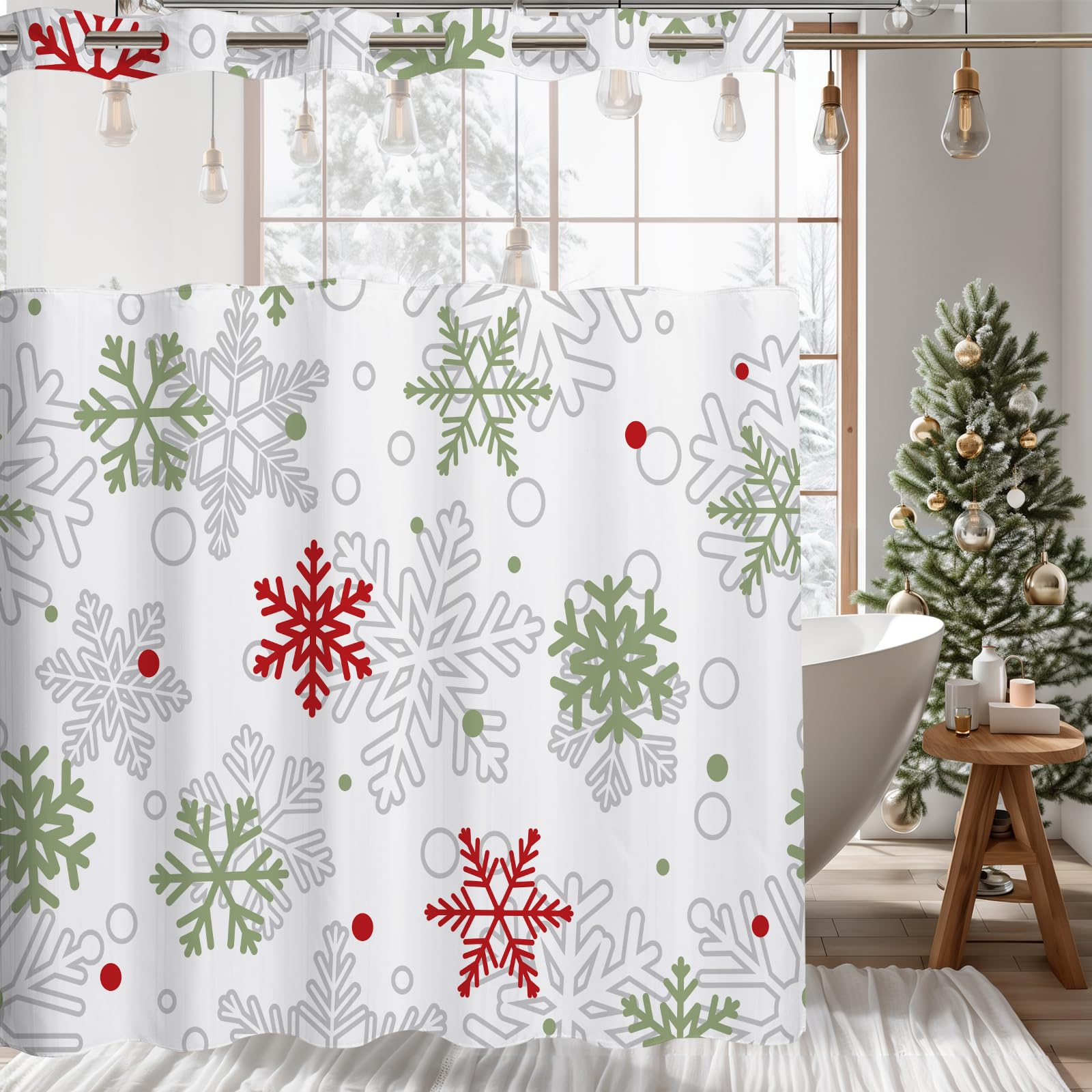 MEHOFOND No Hook Winter Snowflake Shower Curtain, Hookless Christmas ...