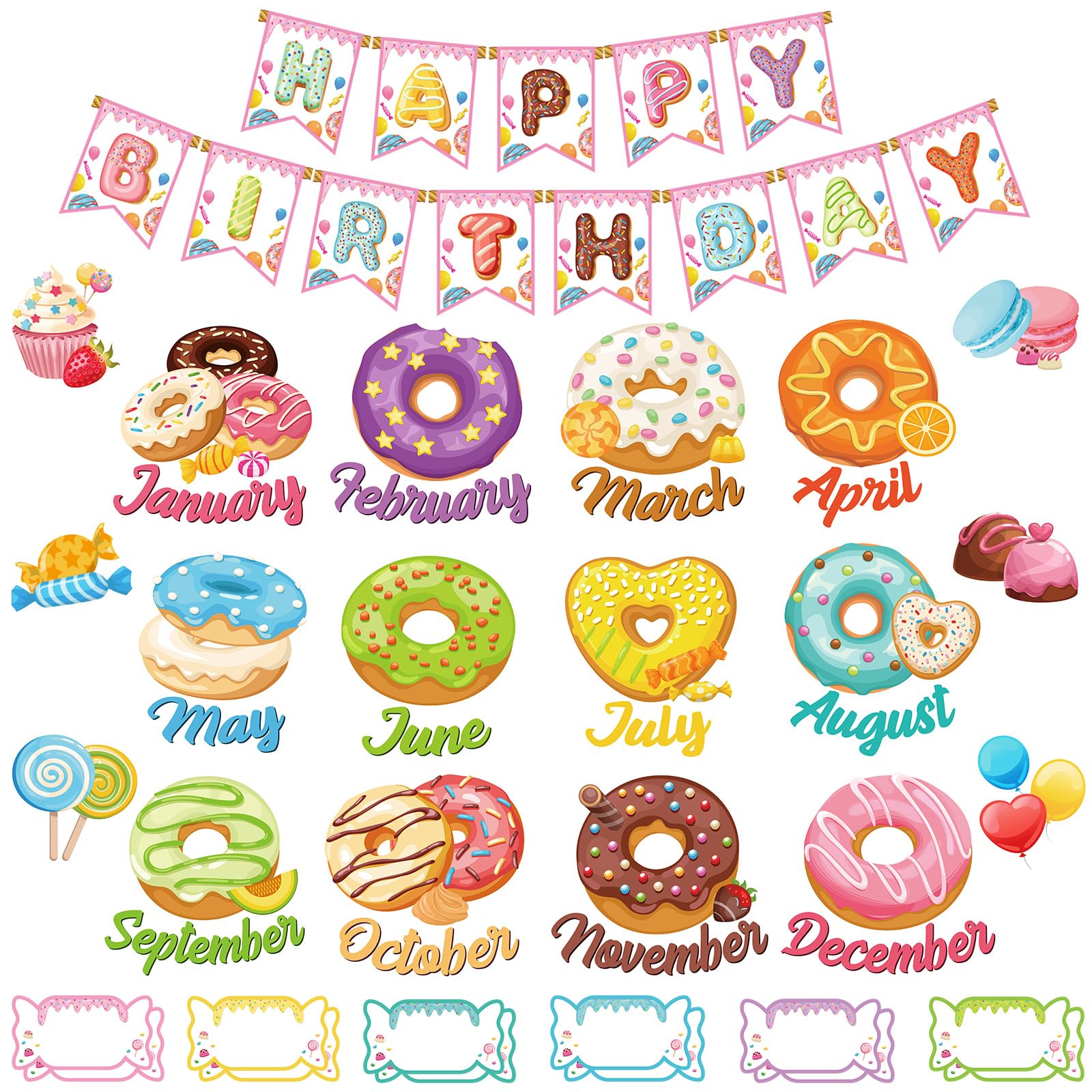Amazon.com : Lincia 61 Pcs Happy Birthday Bulletin Board Set Donuts ...