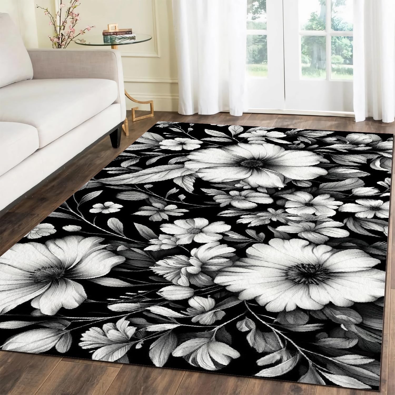 Amazon.com: Retro Daisy Flowers Area Rugs, 3x4ft, Gray Petals Leaves 3D ...
