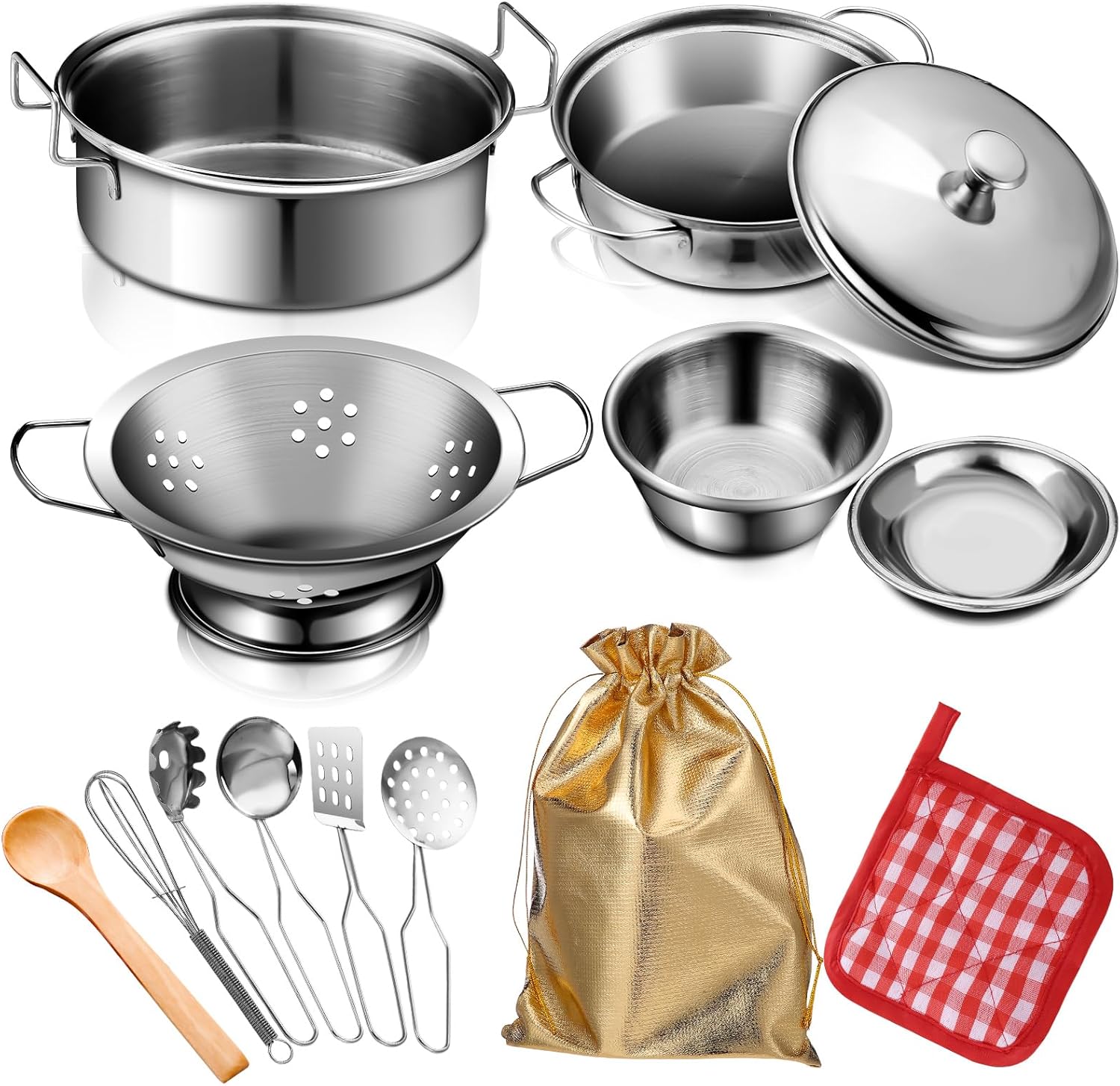 14 Pcs Toy Pots and Pans Set, Stainless Steel Pretend Cooking Utensils ...