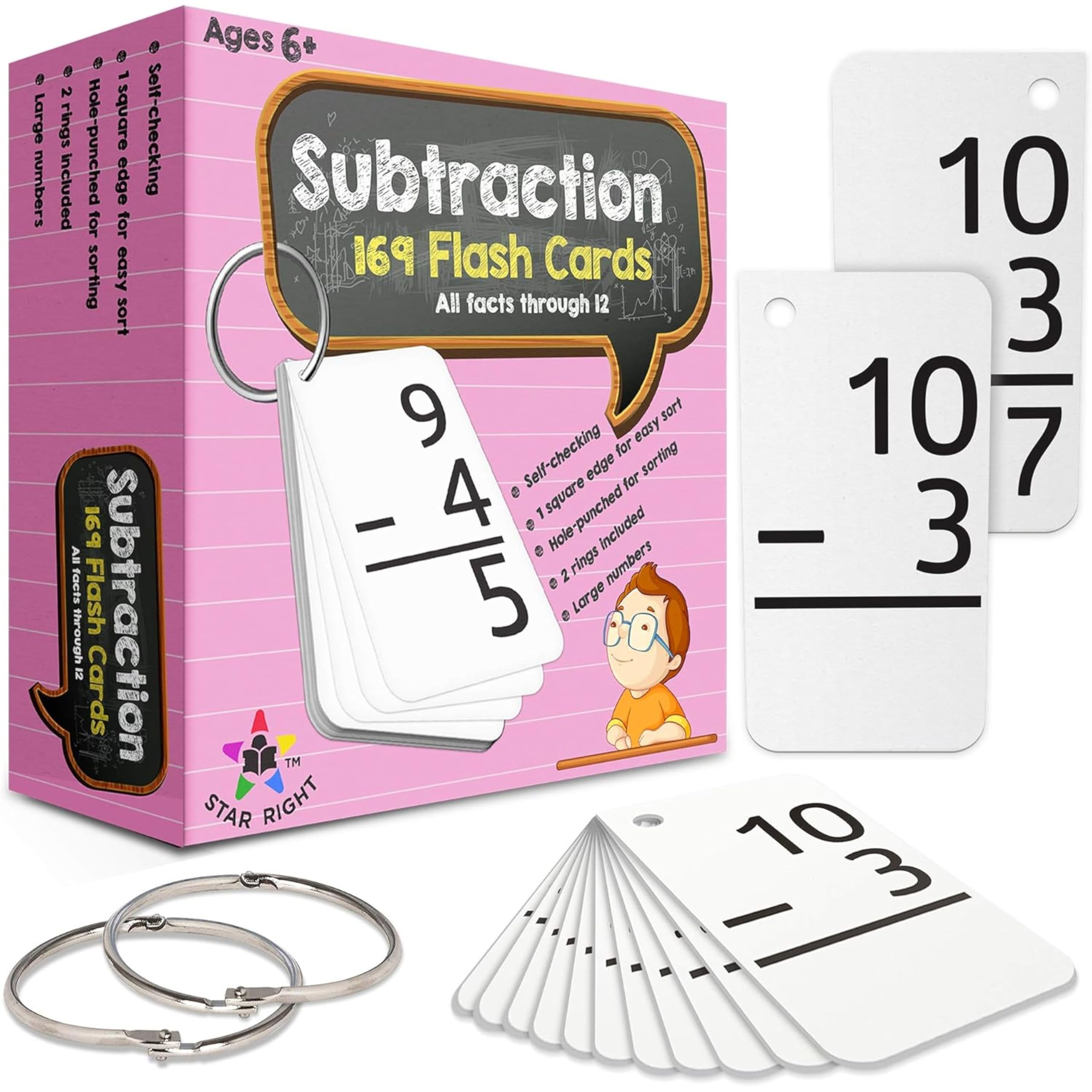 Amazon.com: Star Right Subtraction Flashcards with 2 Metal Binder Rings ...