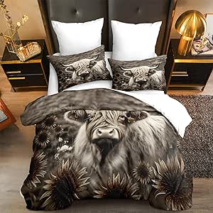 Amazon.com: CCoutueChen Grey Highland Comforter Set Twin Size Sunflower Cow Print Bedding Set ...