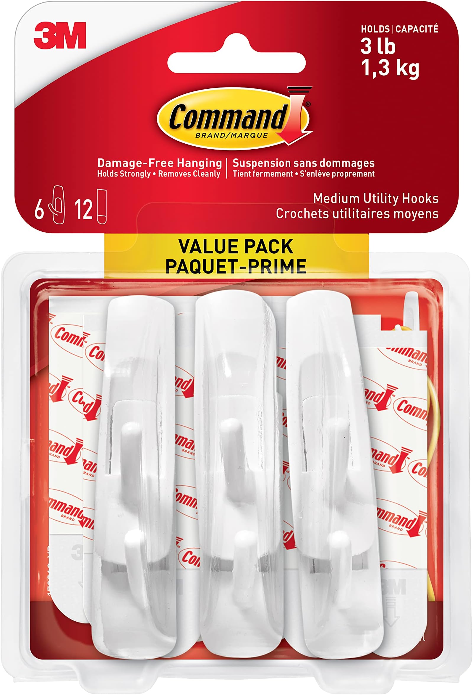 Command Utility Hooks Value Pack, Adhesive Hooks, Medium, 6 Wall Hooks ...