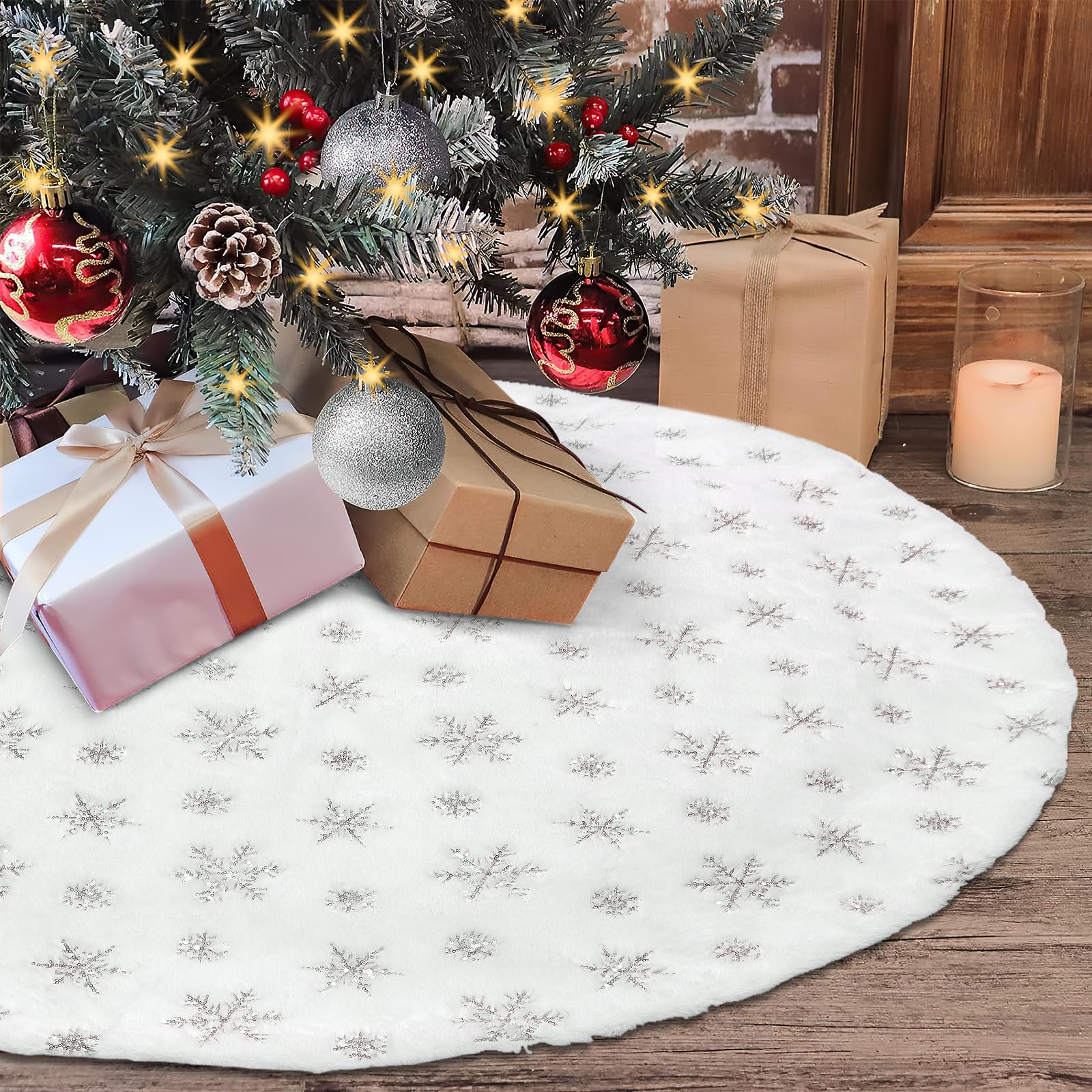LOMOHOO Christmas Tree Skirt, Large White&Silver Luxury Faux Fur with ...