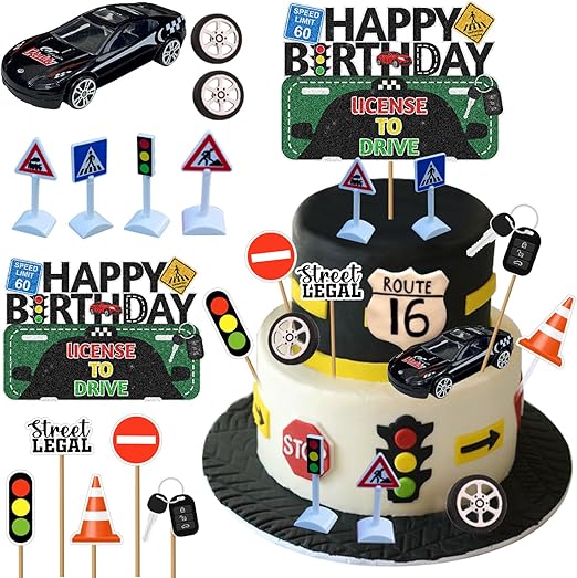 13PCS Driver License Birthday Cake Toppers, New Driver Glitter Cake ...