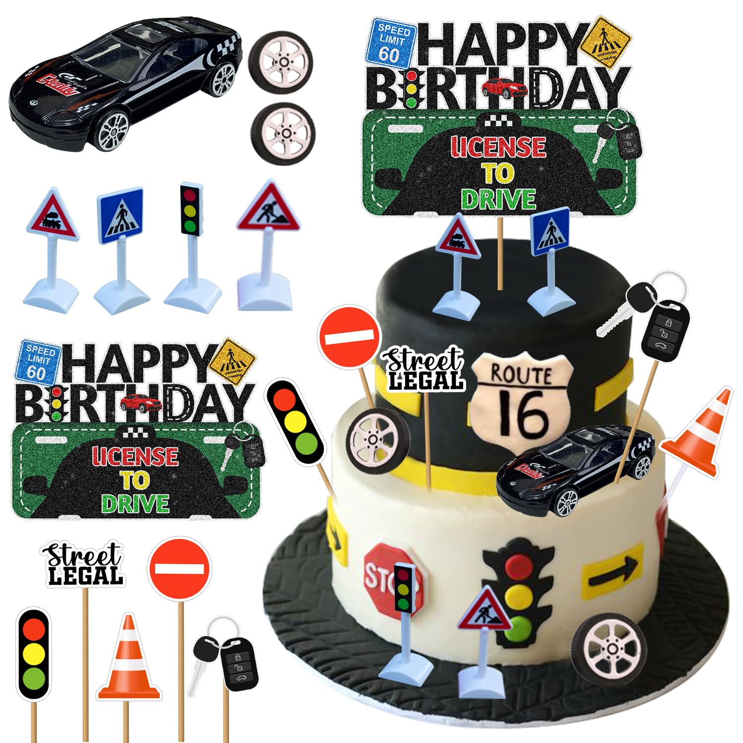 13PCS Driver License Birthday Cake Toppers, New Driver Glitter Cake ...