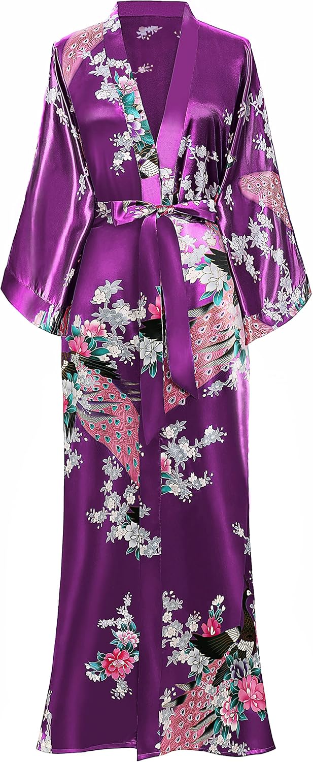 BABEYOND Women's Kimono Robe Long Robes with Peacock and Blossoms ...