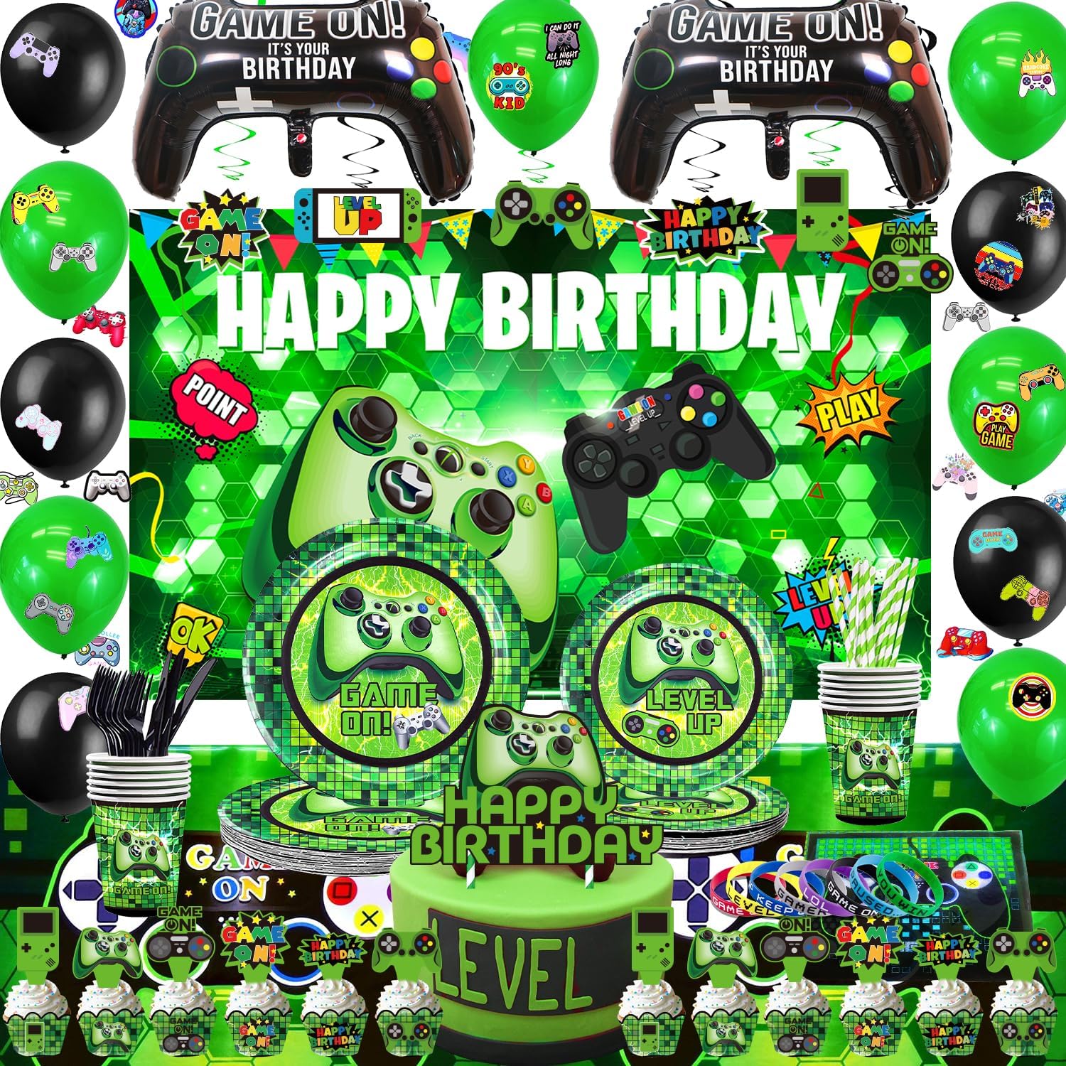 Amazon.com: Green Gamer Birthday Party Decoration - 217Pcs Video Game ...