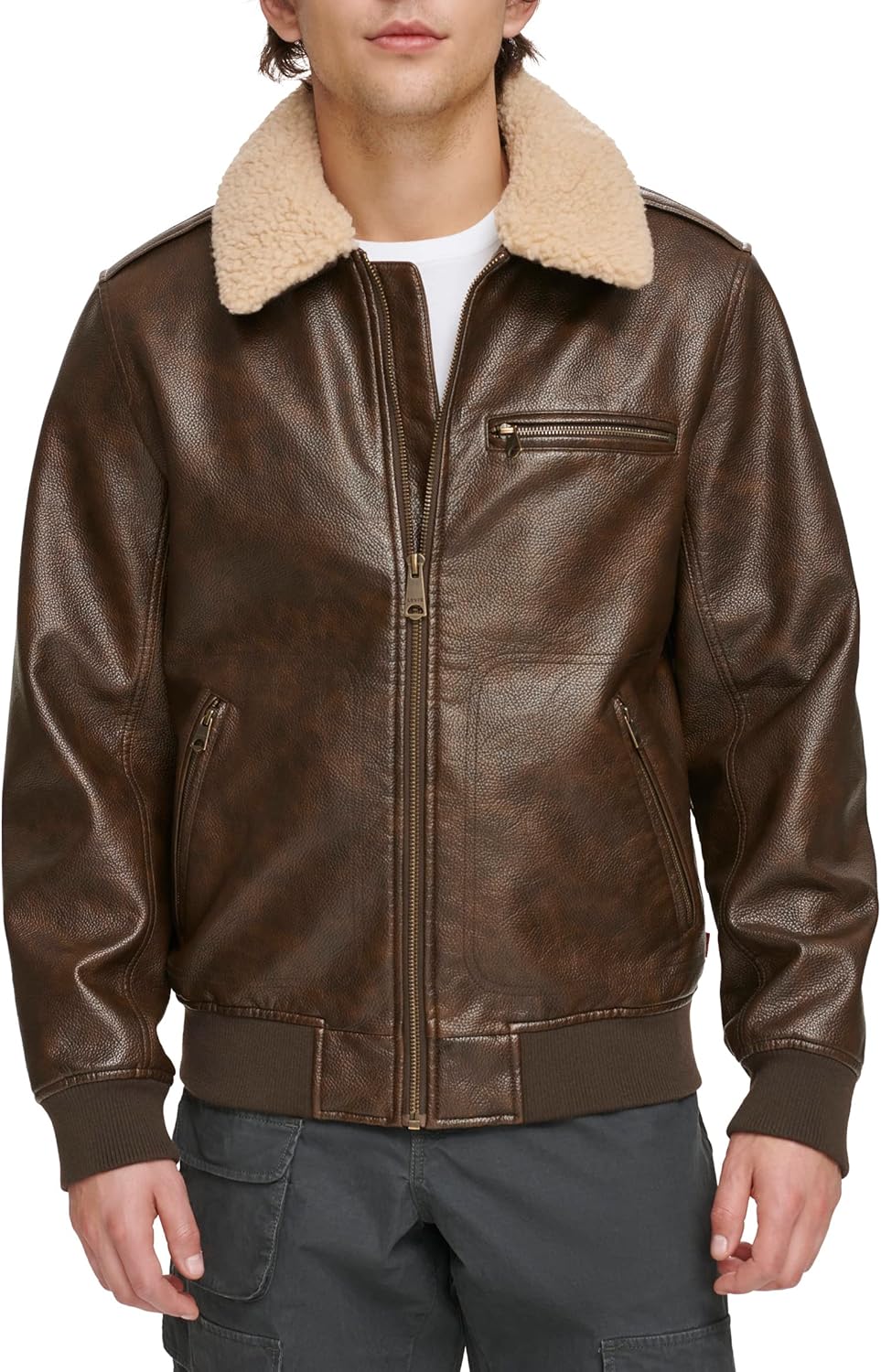 Levi's Men's Faux Leather Aviator Bomber Jacket with Sherpa Collar ...