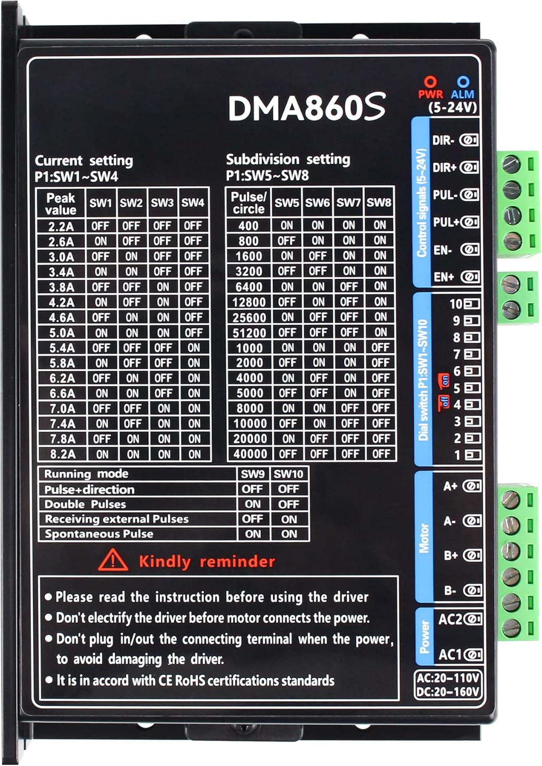 KakaTopbas CNC Digital Stepper Driver,AC 18-110V and DC18-160V,8.2A,256 ...