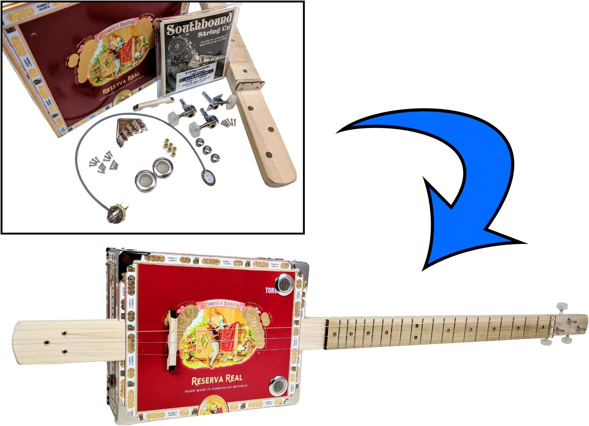 Amazon.com: Complete DIY 3-String Fretted Cigar Box Guitar Kit with ...