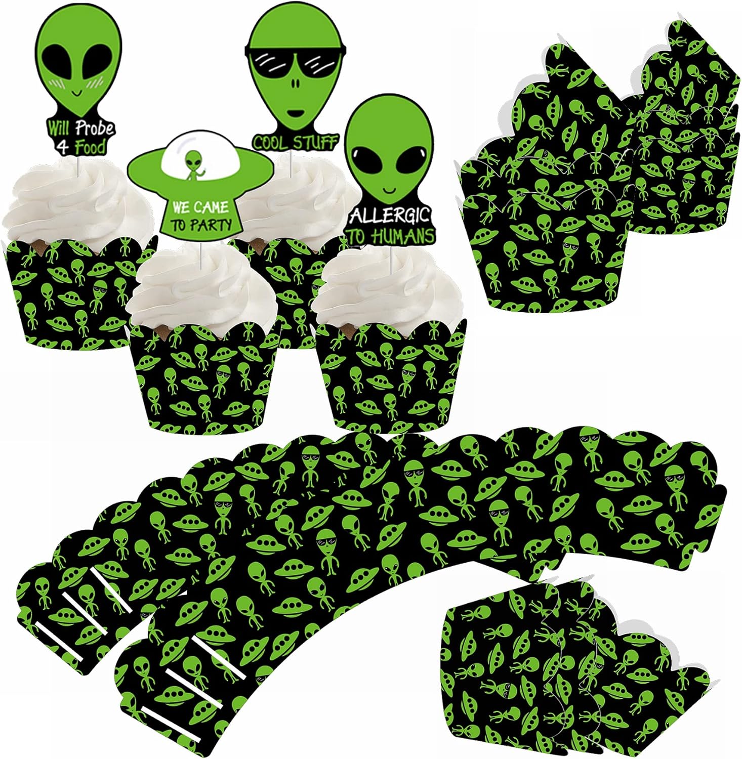 48Pcs Alien Cupcake Wrappers and Toppers Set Alien Cupcake Holders with ...