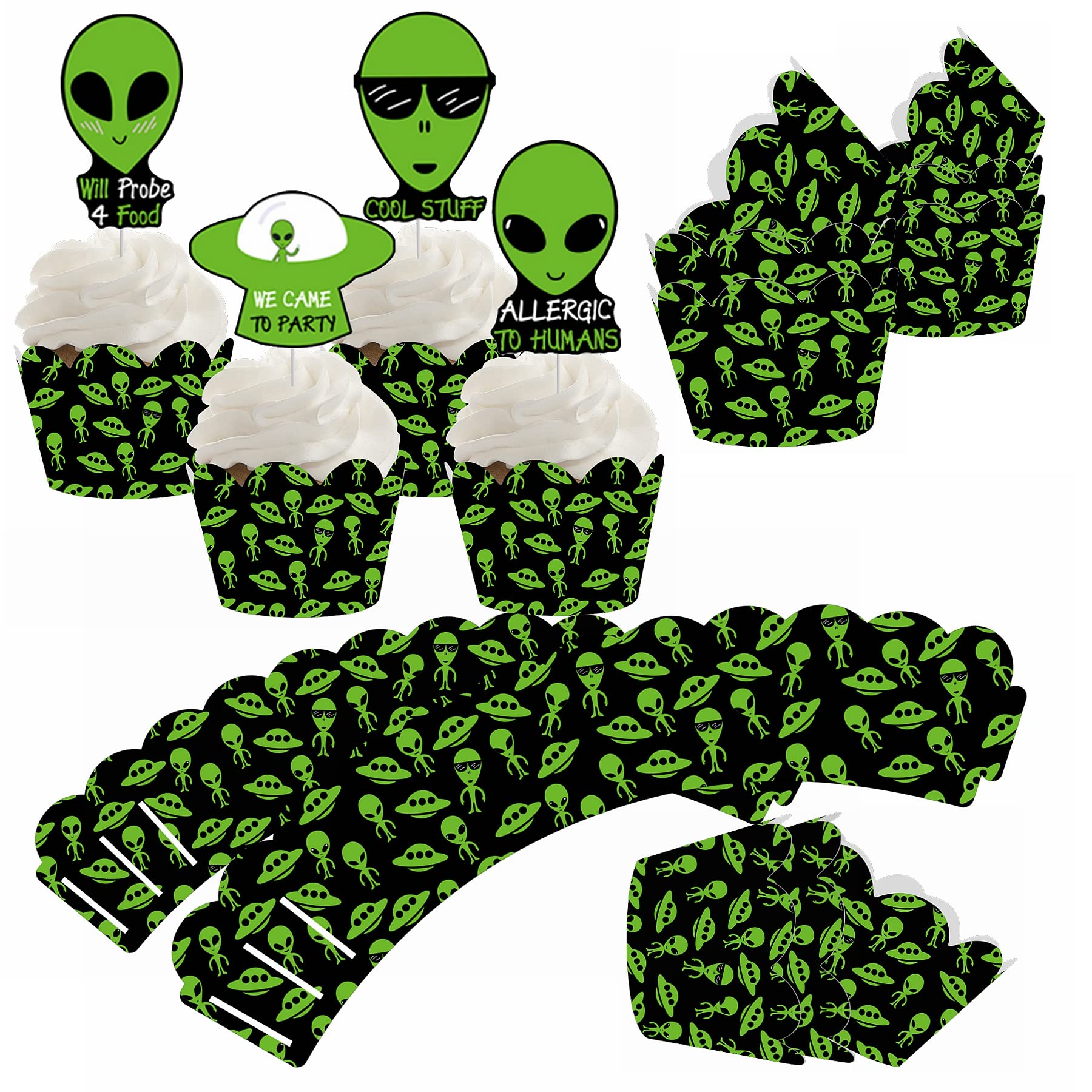 Amazon.com: 48Pcs Alien Cupcake Wrappers and Toppers Set Alien Cupcake ...