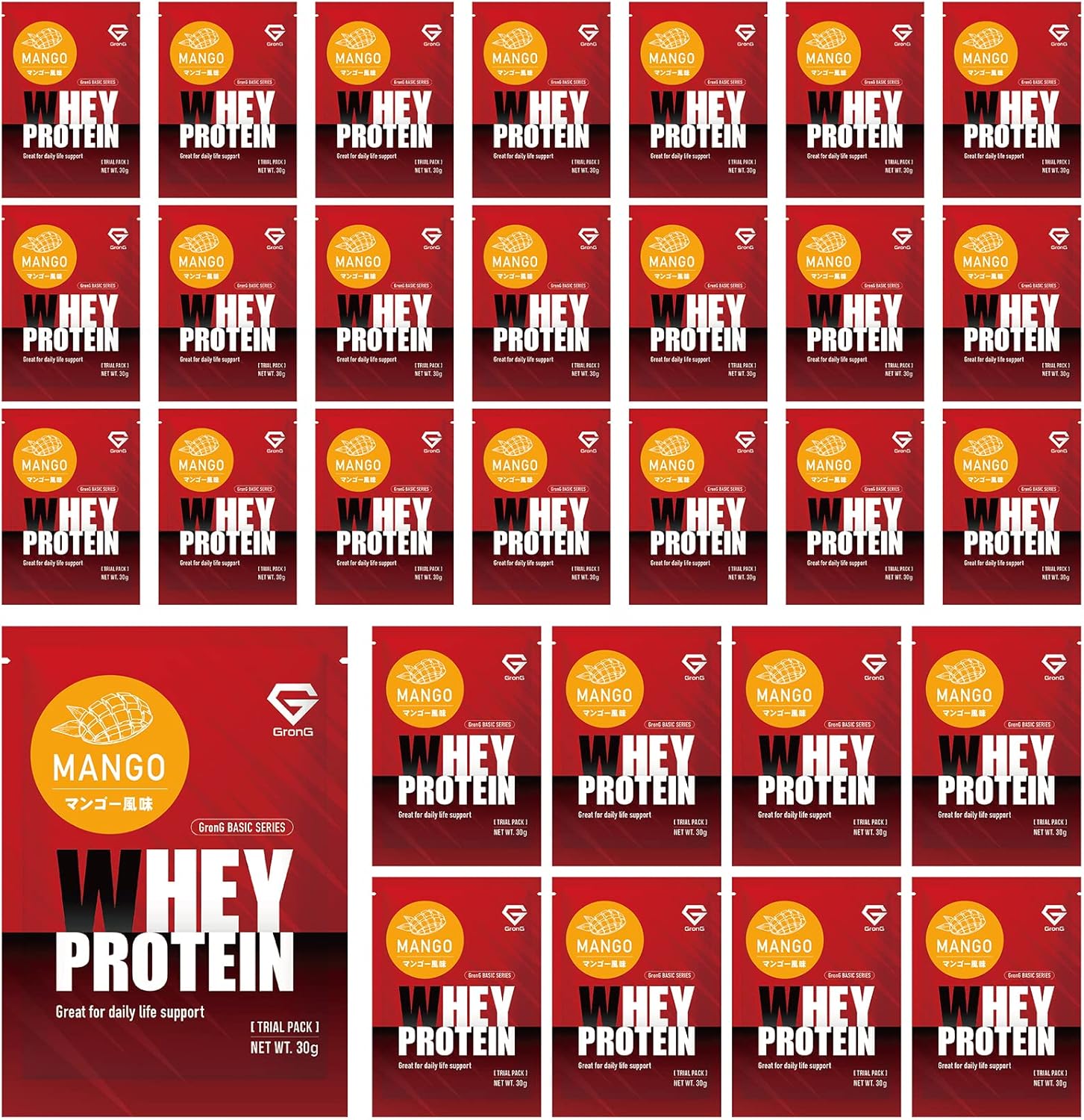 Amazon | グロング GronG ホエイプロテイン100 ベーシック マンゴー風味 30g 30個セット | GronG(グロング) | ホエイプロテイン