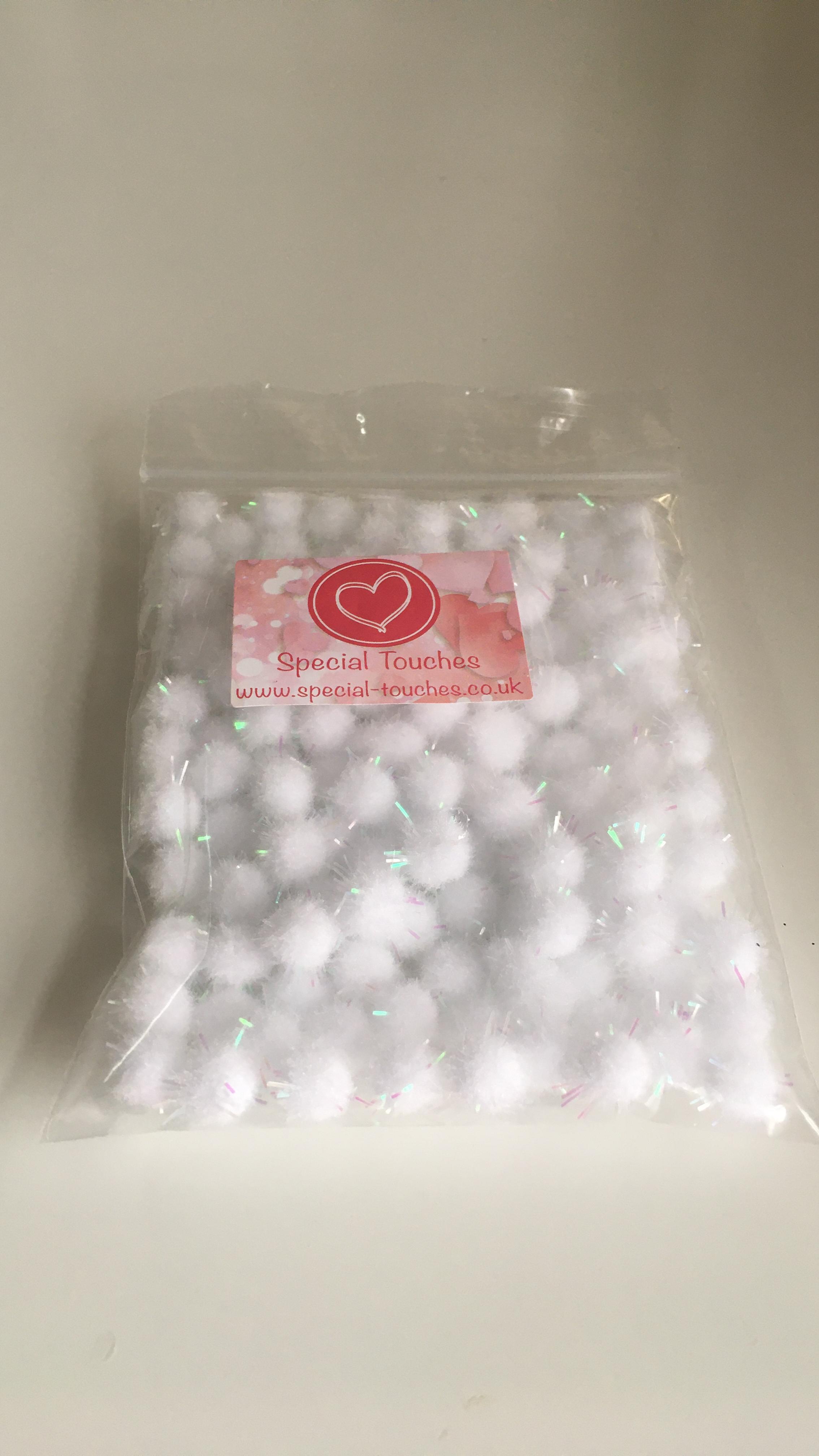 White 10mm Glitter Mini Pom Poms Small Fluffy Craft Embellishments ...