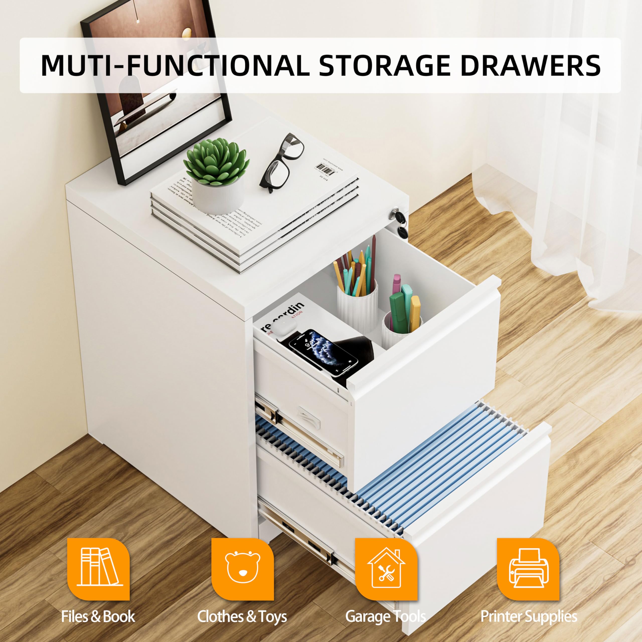 INTERGREAT 2 Drawer File Cabinet, White Metal Filing Cabinet with Lock ...