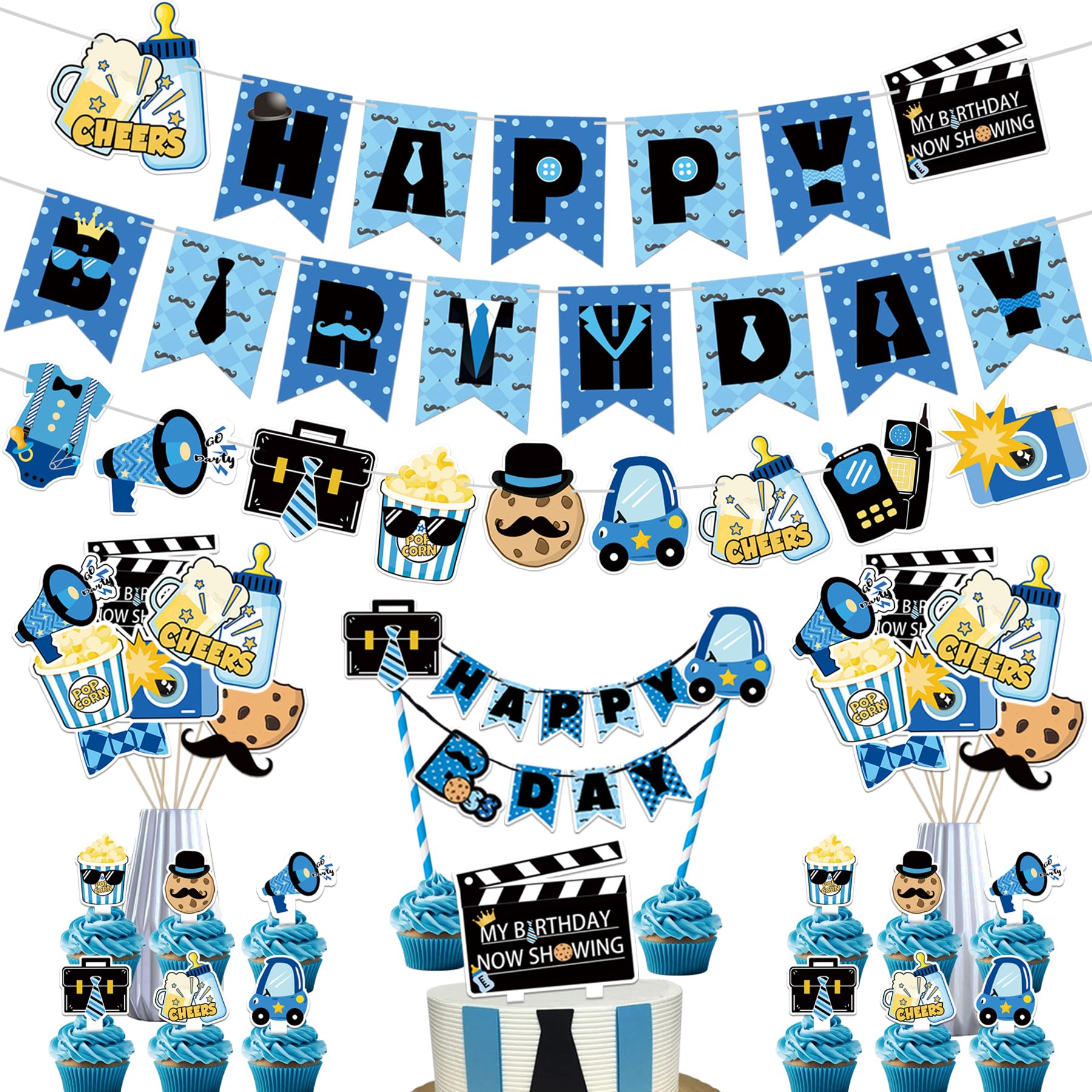 Amazon.com: HAPPARTY Blue Black Boss Birthday Party Decorations ...