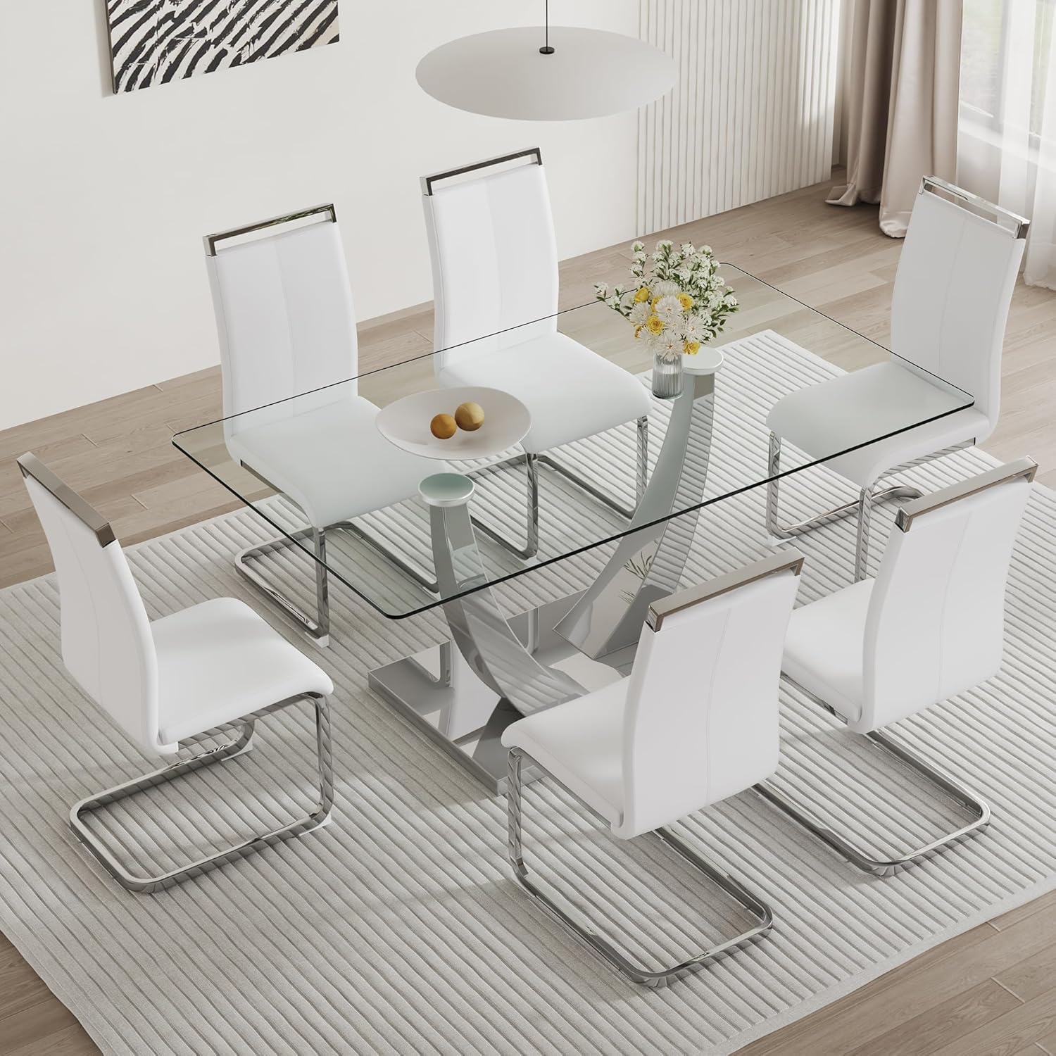 Amazon.com - Glass Kitchen Dining Table Set for 6,7-Piece Dining Table ...