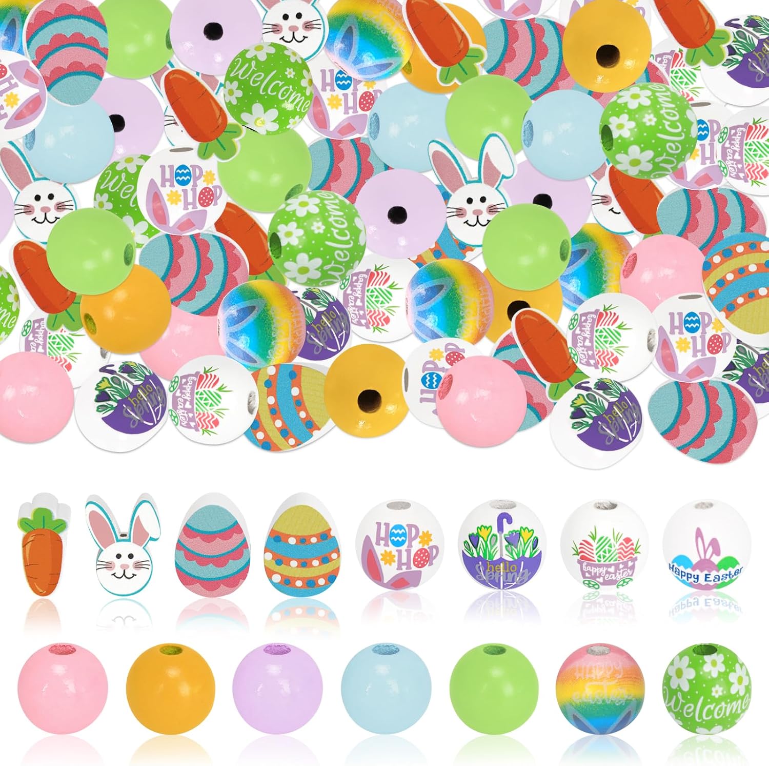 Amazon.com: 180Pcs Easter Wood Beads for Craft, Cute Rabbits Egg Wood ...